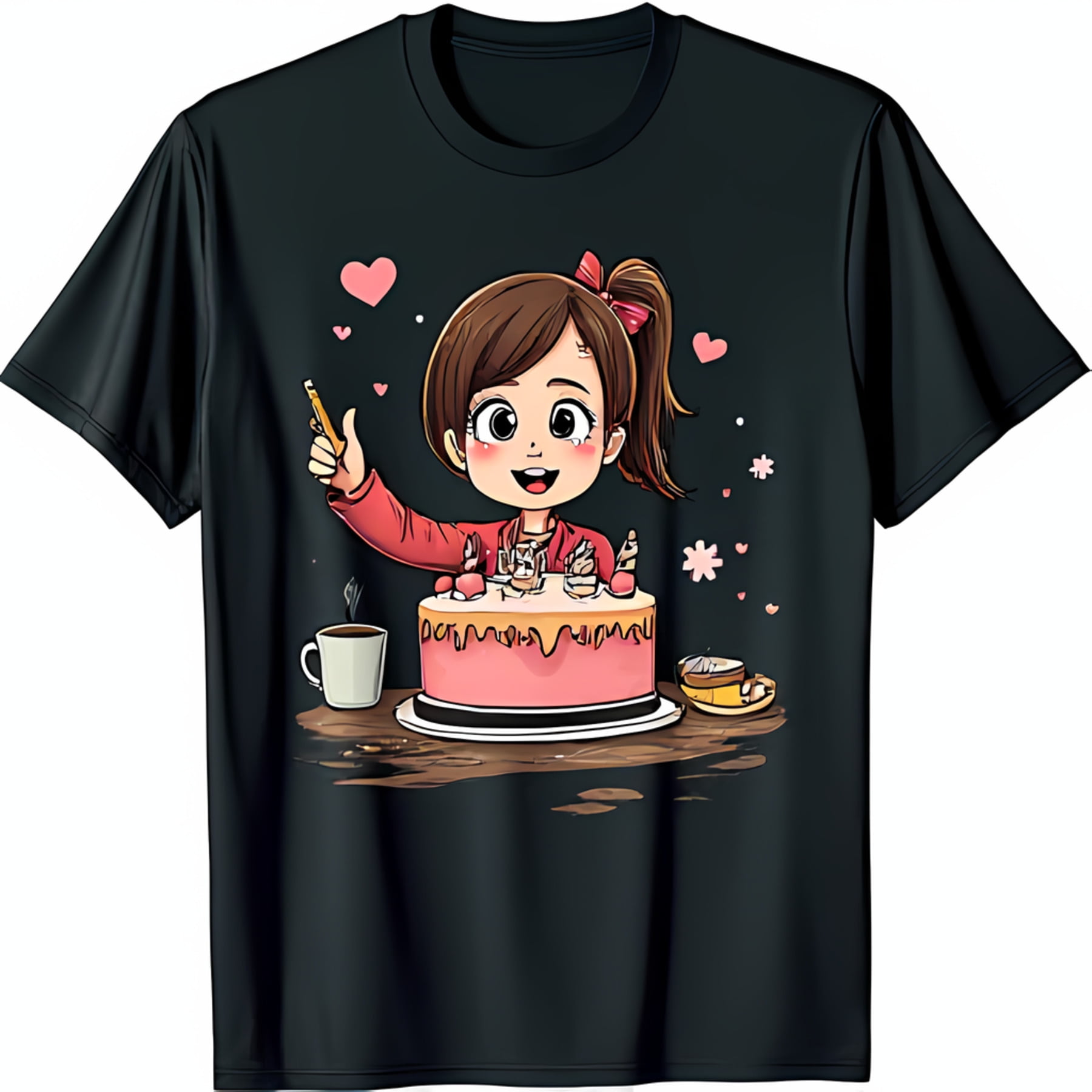 Adorable Black T-Shirt with Cute Character Chest Graphic Sweet Treats ...