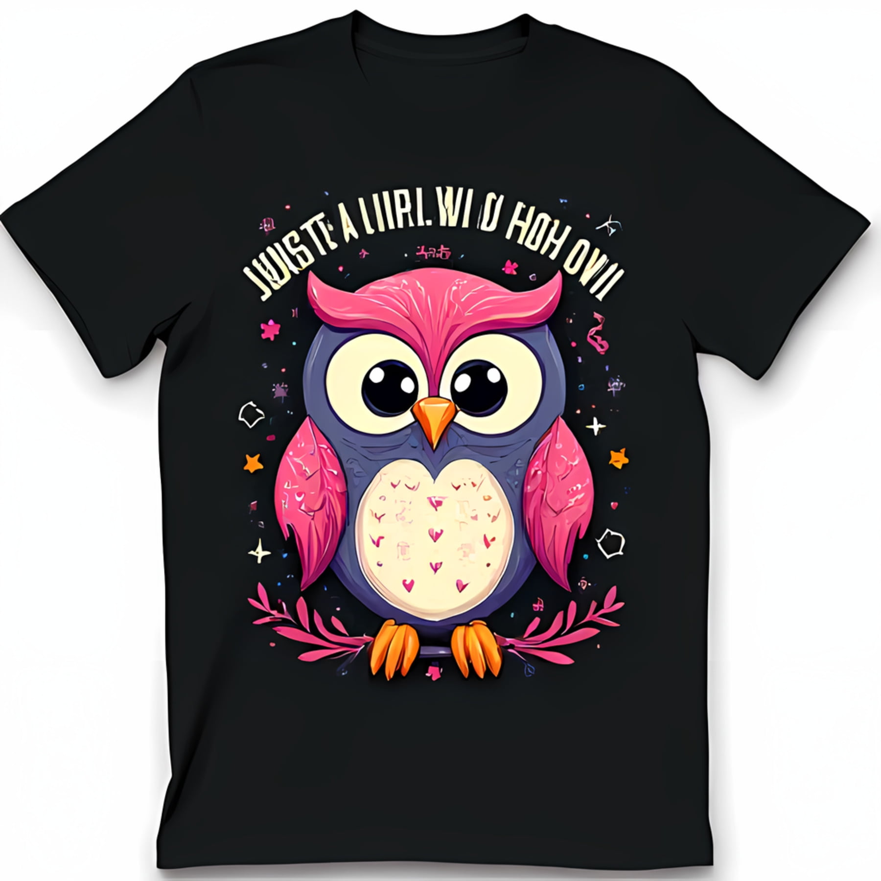 Adorable Black T-Shirt with Cute Pink & Owl Stars & Hearts 'Just a Girl ...
