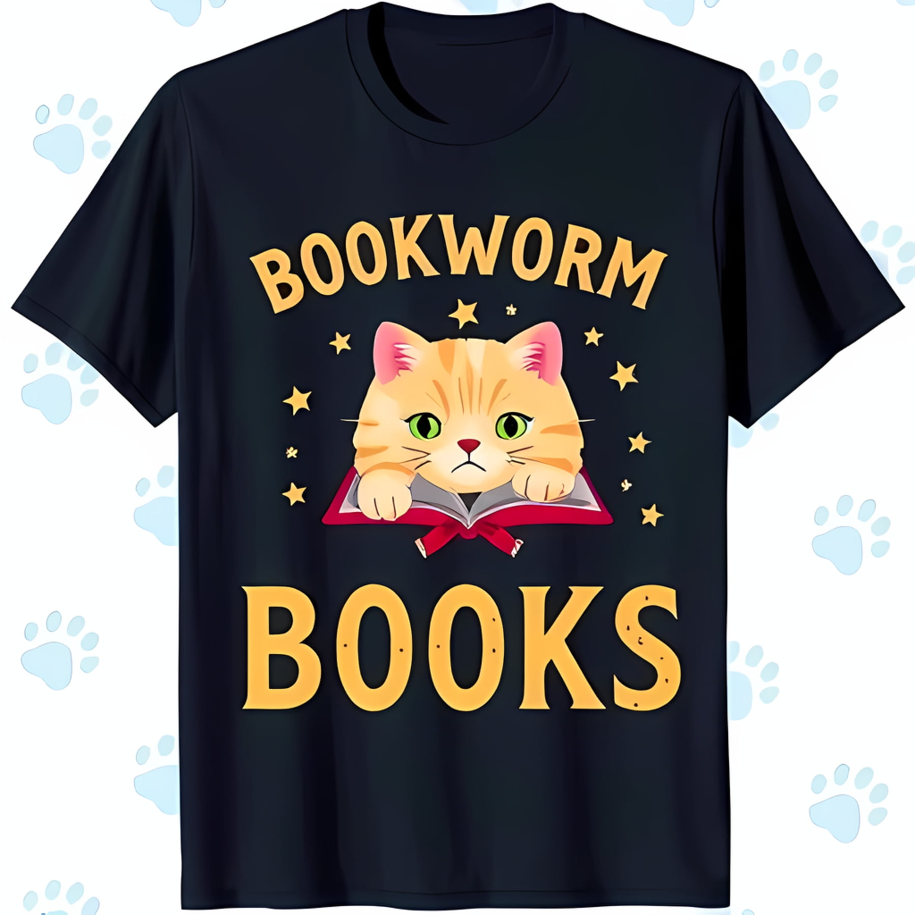 Adorable Black T-Shirt with Yellow Cat Reading Book & 'BOOKWORM ...