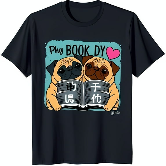 Adorable Blue T-Shirt with Pugs Reading a Book & Heart Design - Walmart.com
