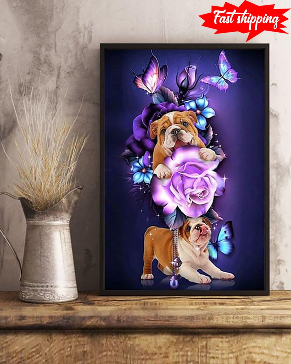 Adorable Bulldogs With Purple Blue Roses And Butterflies 16 x 24 Inch ...