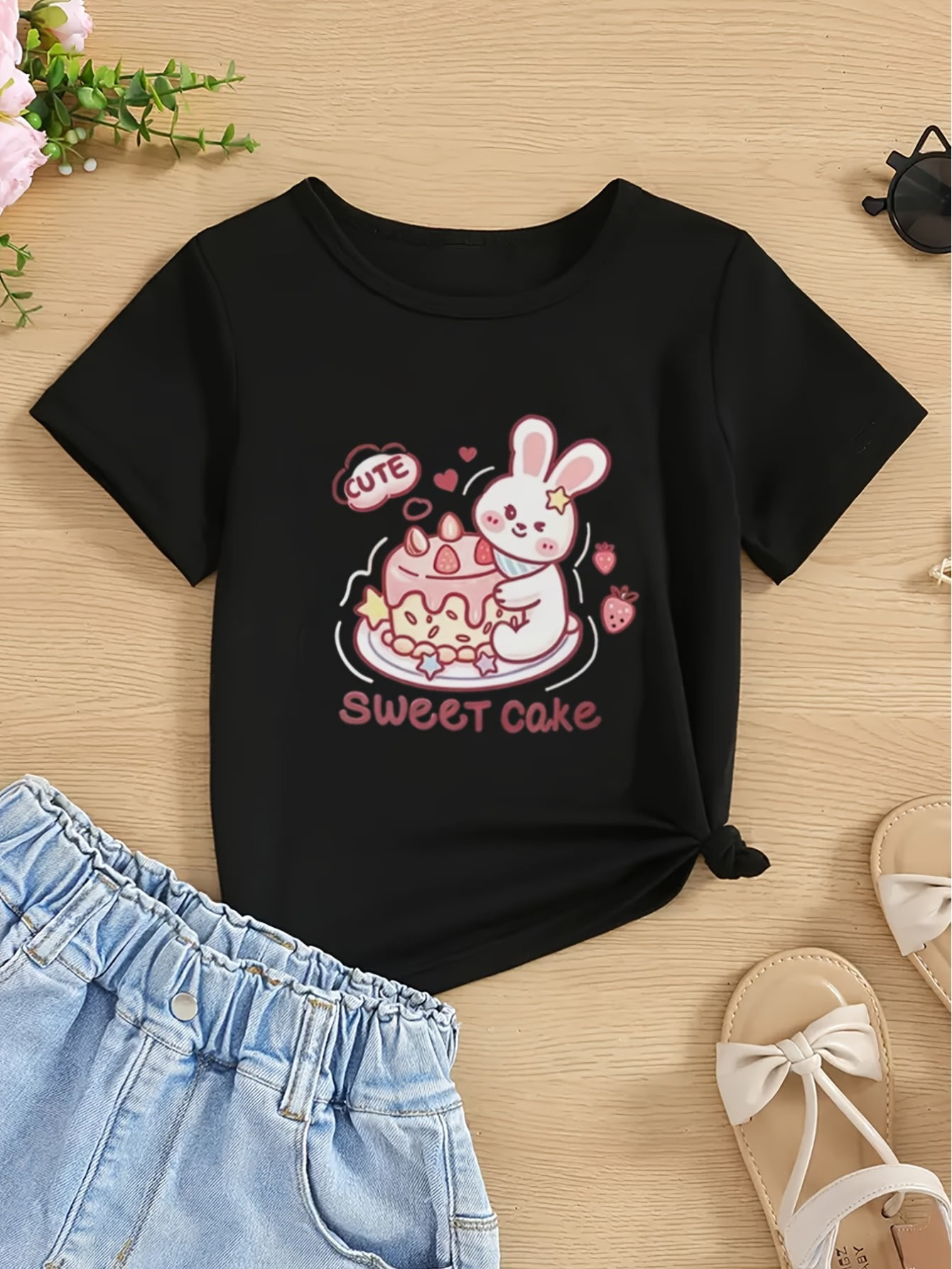 Adorable Bunny & Sweetcake Graphic Girls' T-Shirt - Soft Polyester ...