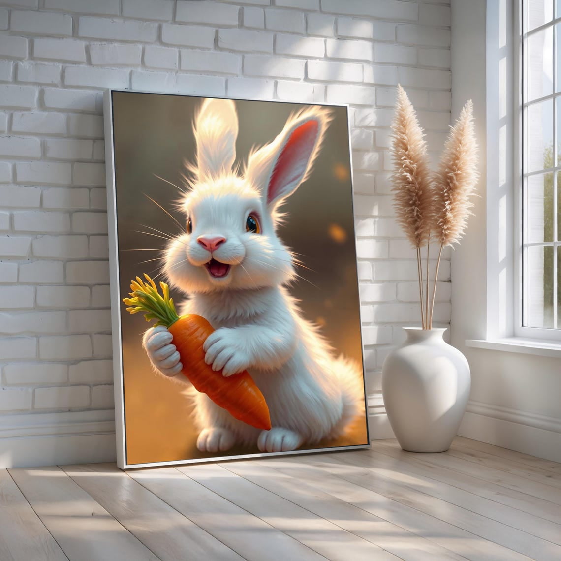 Adorable Bunny Wall Art | Happy White Rabbit Holding Carrot Canvas ...