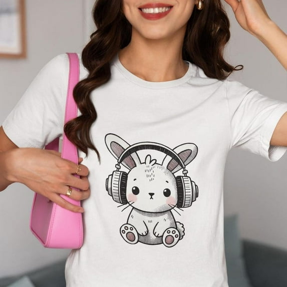Adorable Bunny in Headphones Unisex T-Shirt, Cute Kawaii Rabbit Music ...