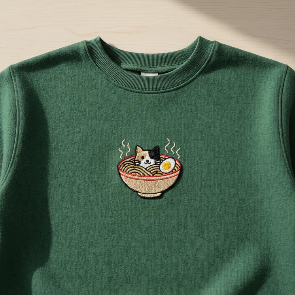 Adorable Calico Cat Embroidered Sweatshirt, Cute Cat In Ramen Bowl ...