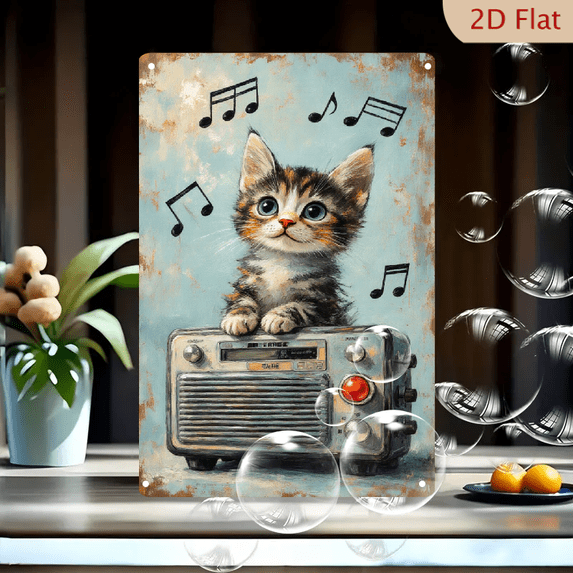 Adorable Calico Kitten on Vintage Retro Radio with Music Notes, 8x12 ...