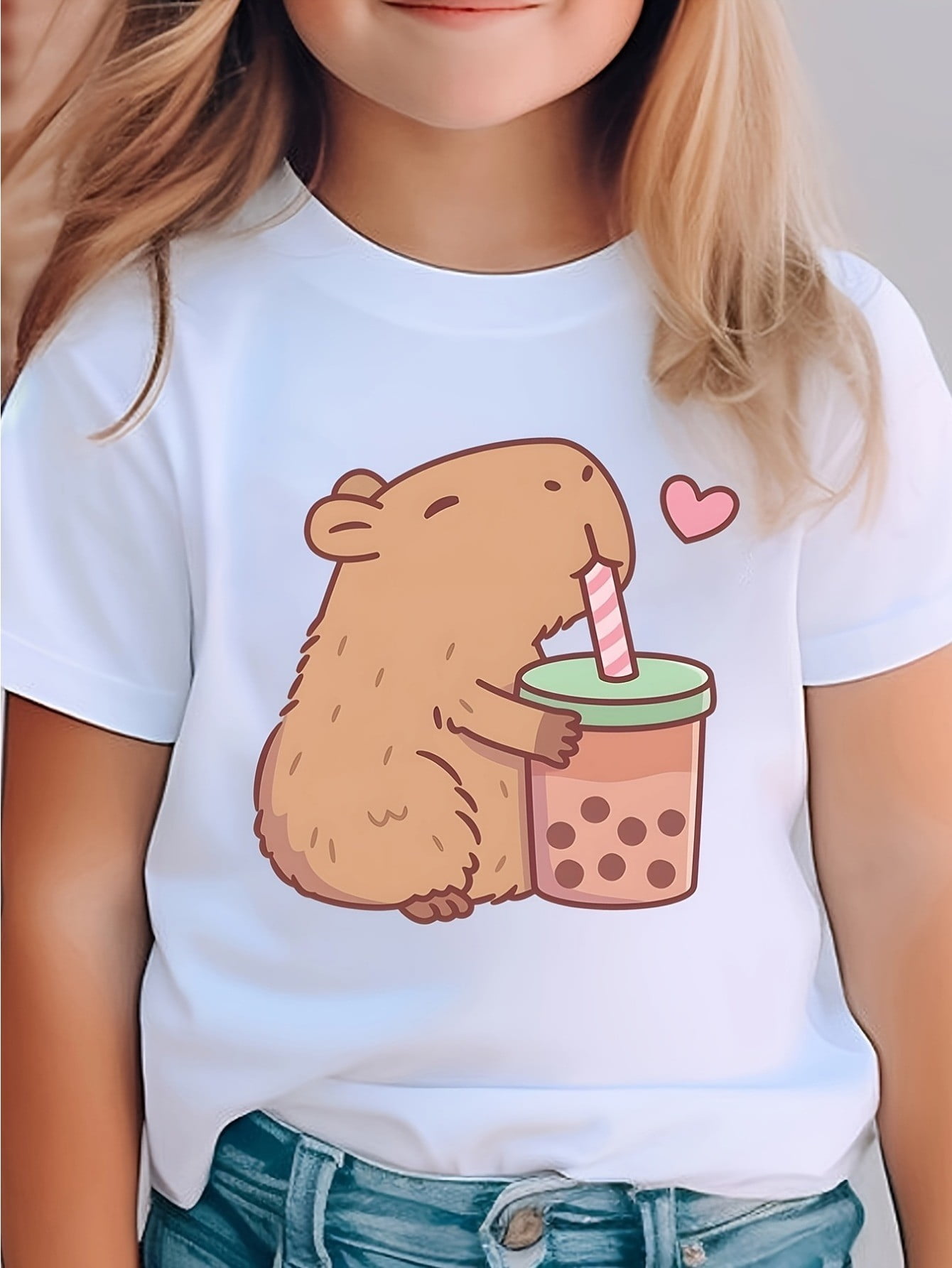 Adorable Capybara & Bubble Tea Graphic Girls' T-Shirt - Soft Cotton ...