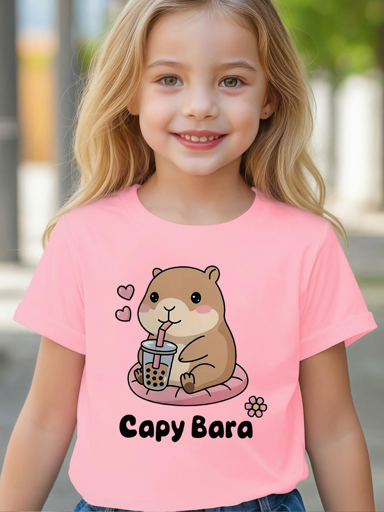Adorable Capybara Cartoon Cotton T-Shirt for Girls - "Capy Bara ...