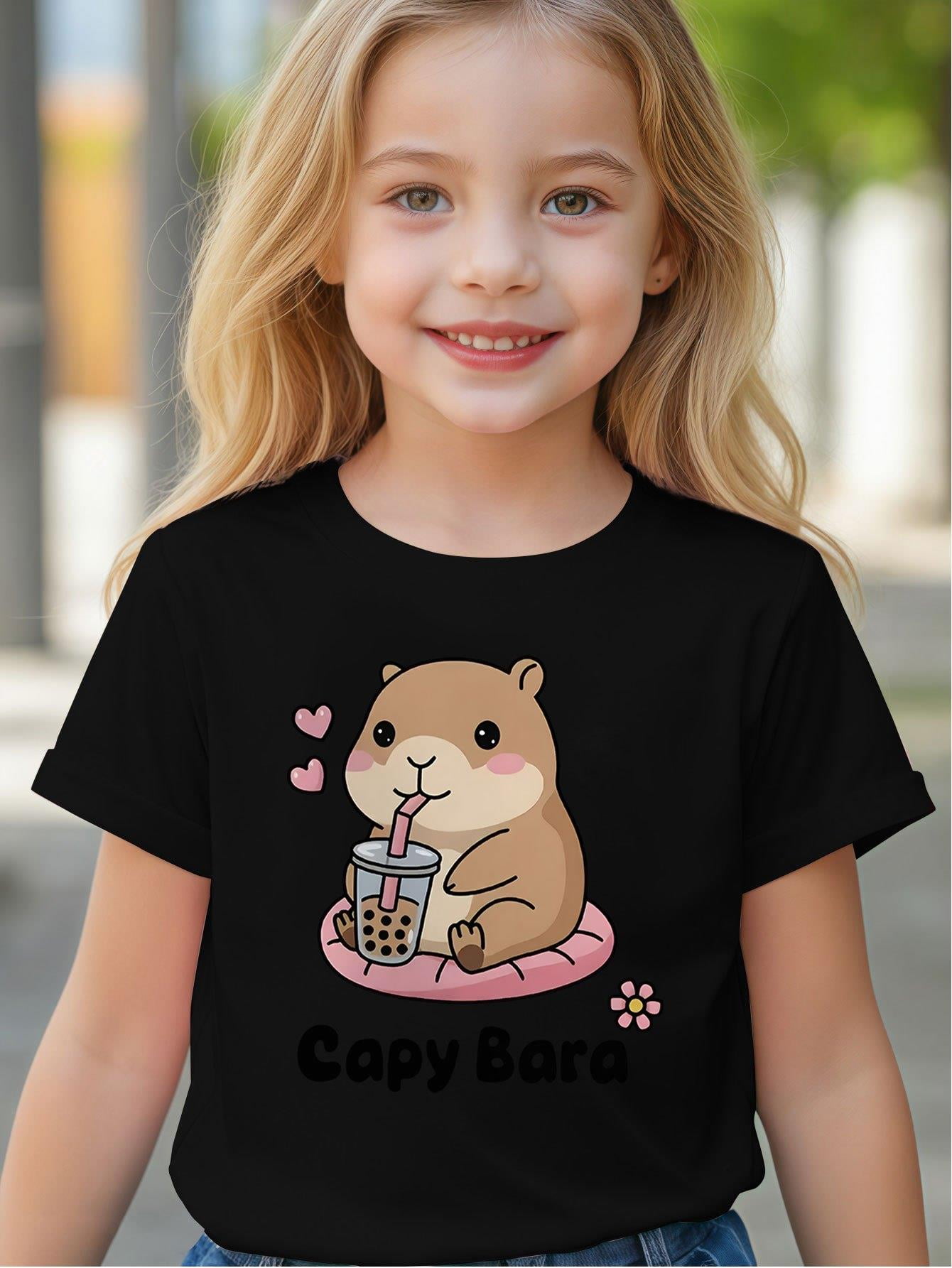 Adorable Capybara Cartoon Cotton T-Shirt for Girls - "Capy Bara ...