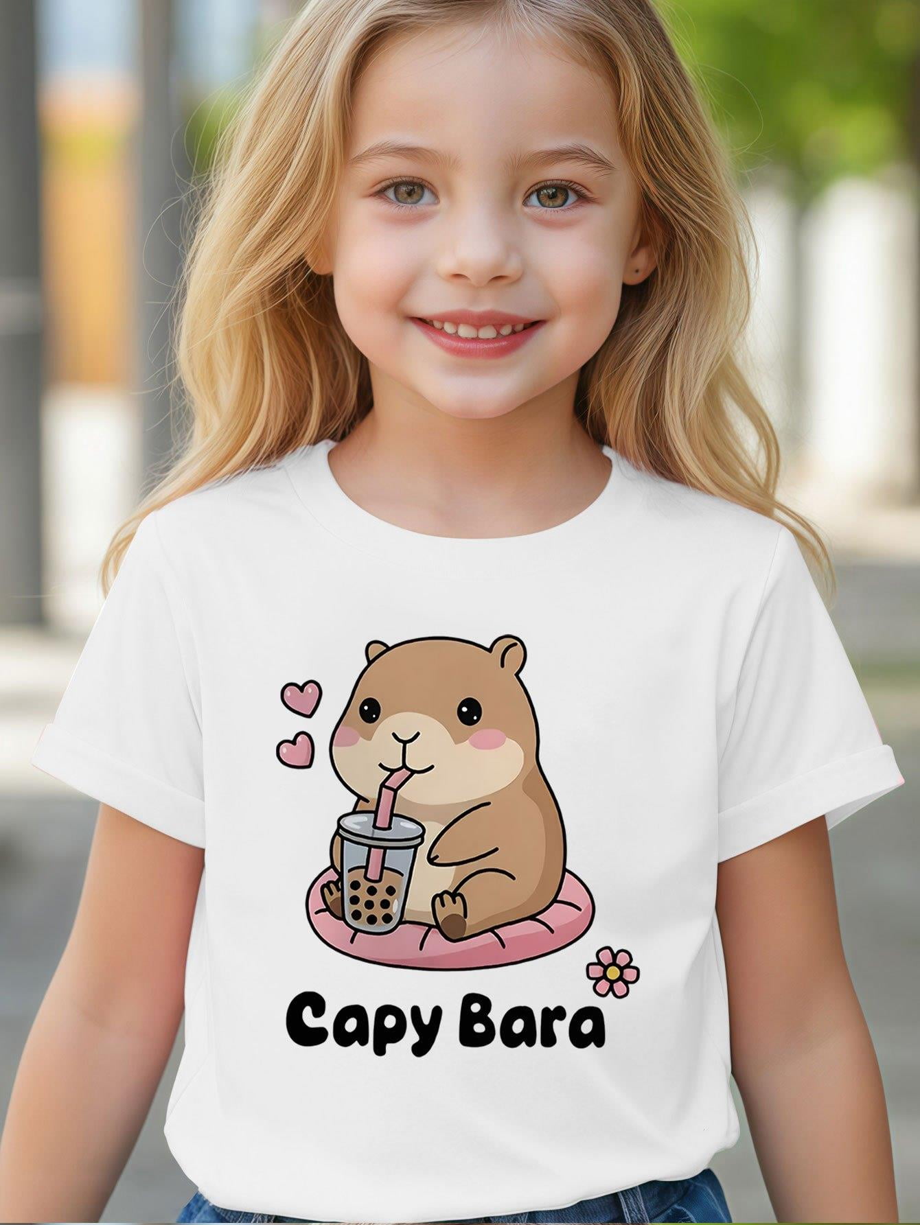 Adorable Capybara Cartoon Cotton T-Shirt for Girls - "Capy Bara" Graphic Print, Comfy Crew Neck ...