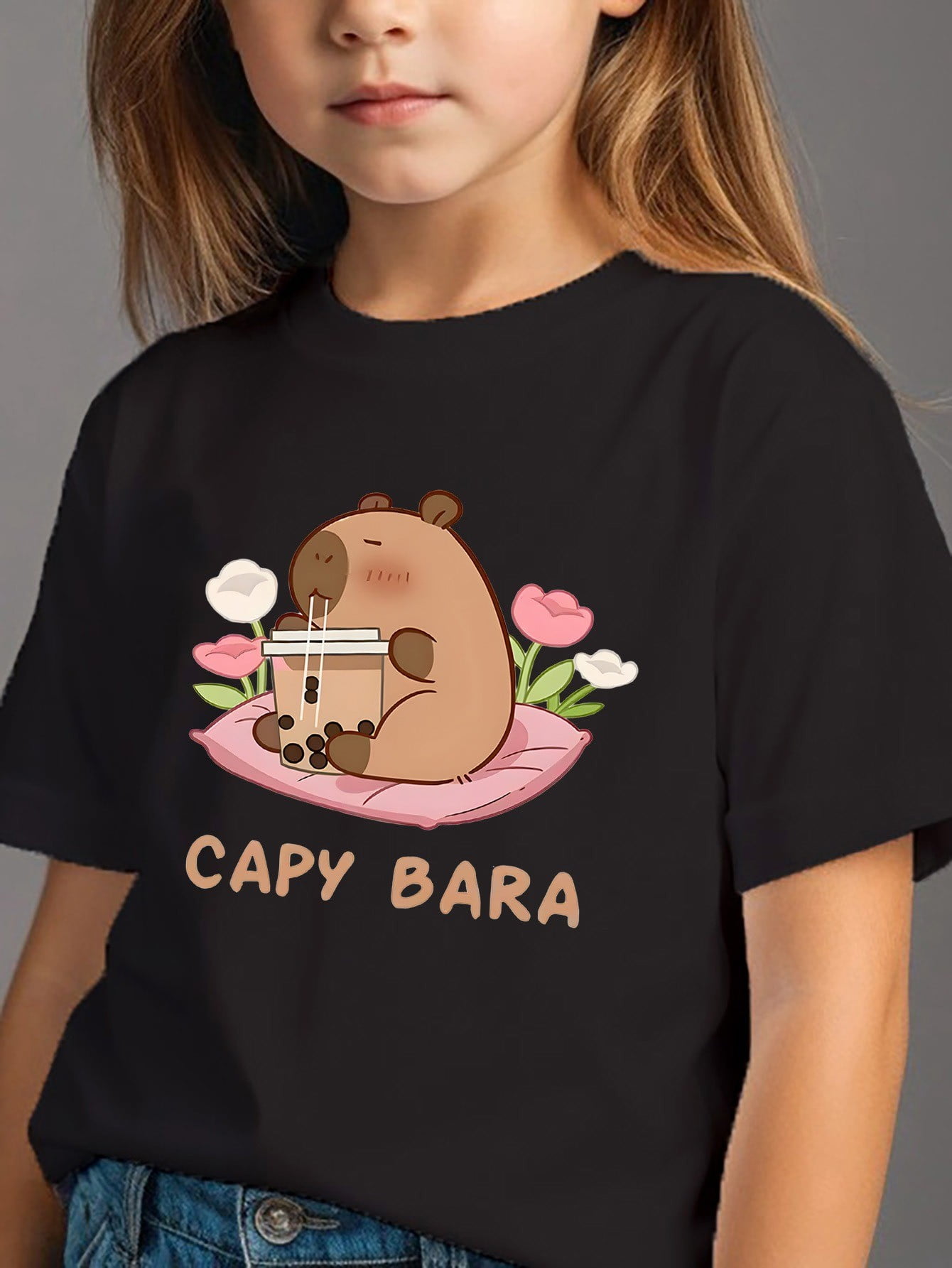 Adorable Capybara Print ' Cotton T-Shirt - Soft Pink Crew Neck Tee with ...