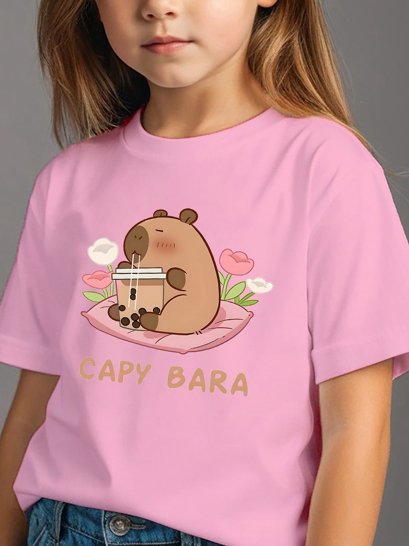 Adorable Capybara Print ' Cotton T-Shirt - Soft Pink Crew Neck Tee with ...