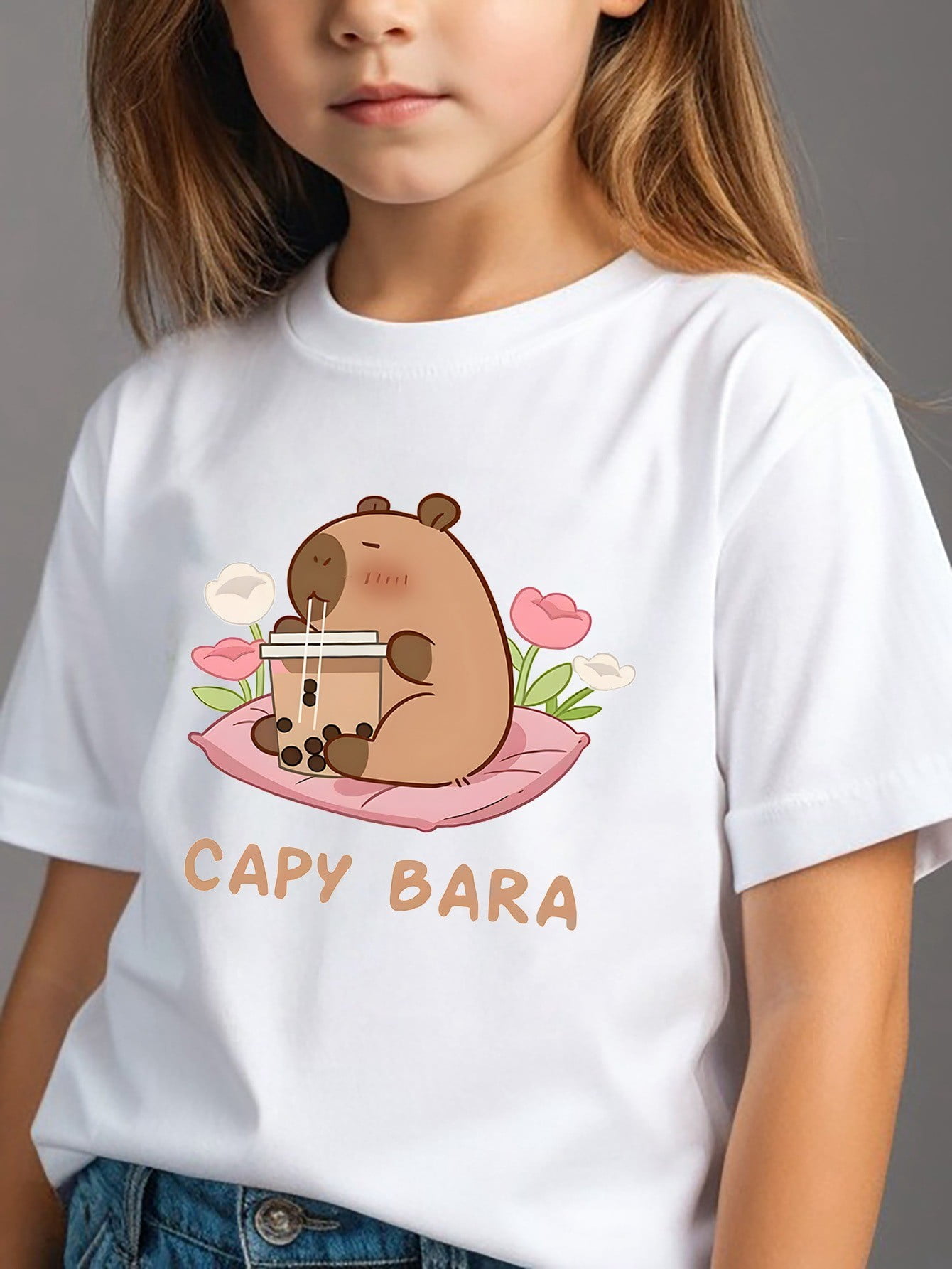 Adorable Capybara Print ' Cotton T-Shirt - Soft Pink Crew Neck Tee with ...