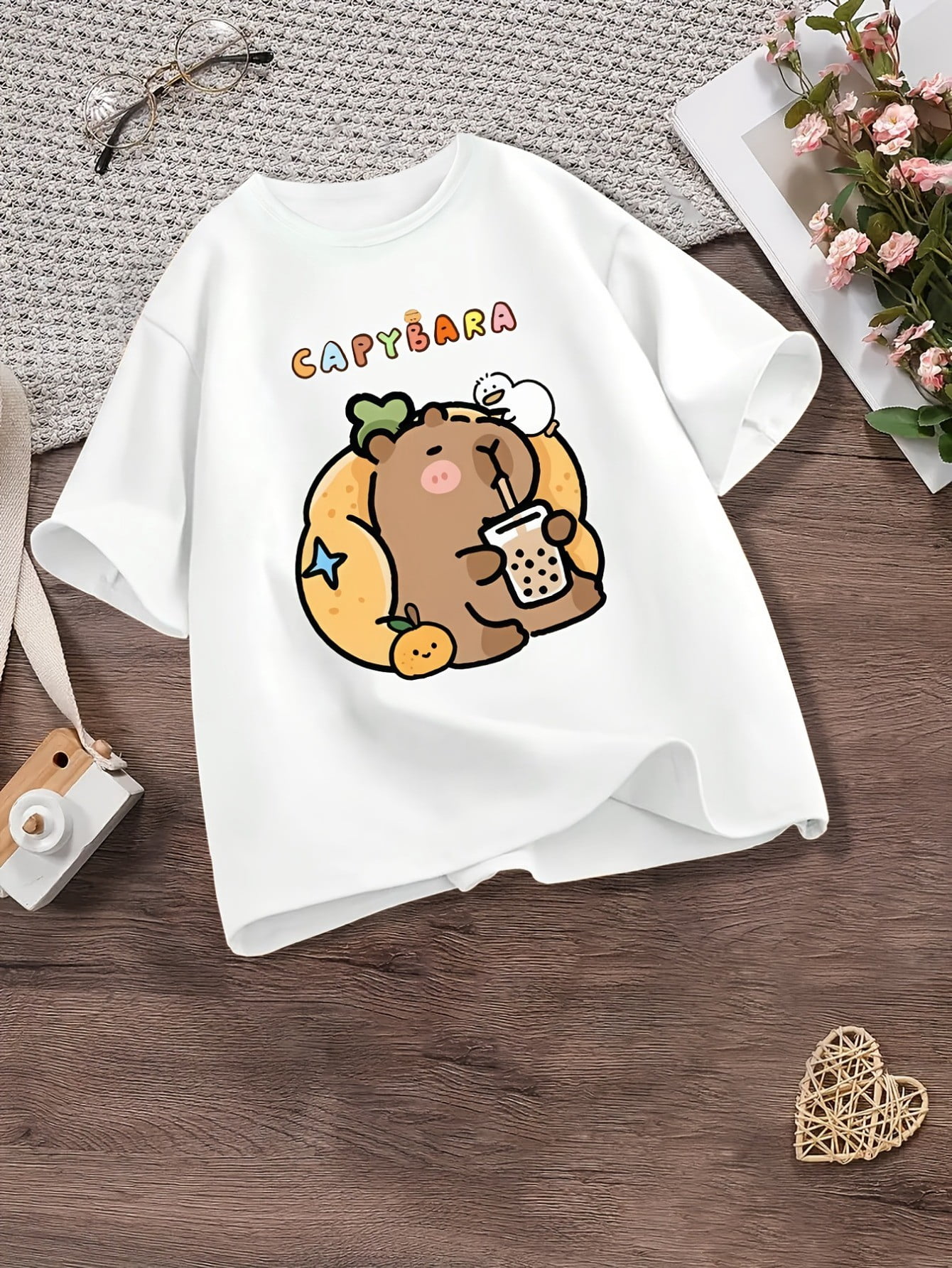 Adorable Capybara Sipping Boba Tea Cartoon Print Youngsters' White T ...