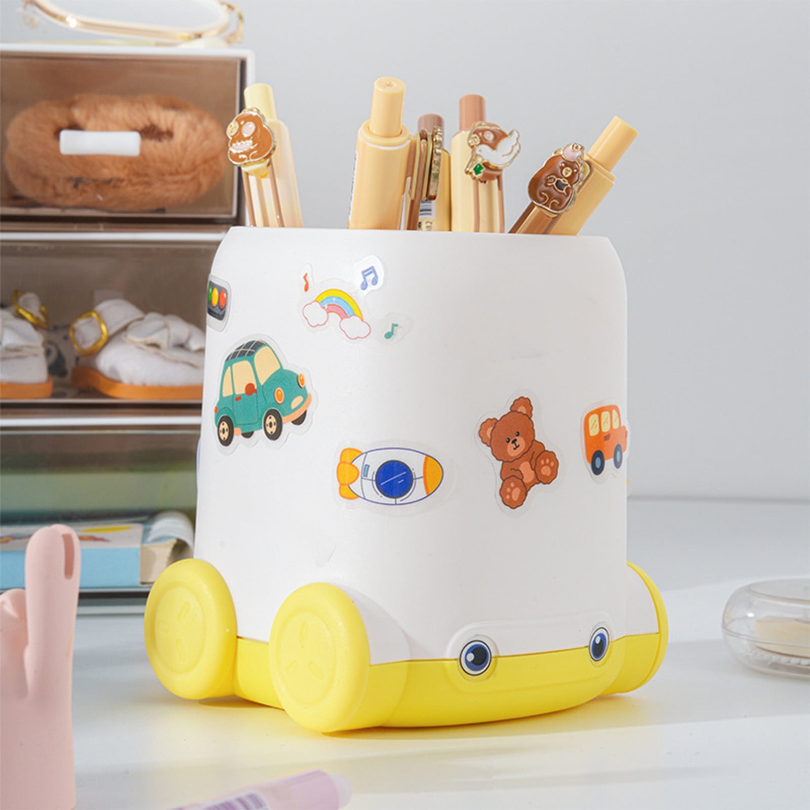 Adorable Car-Shaped Pen Holder with DIY Stickers - Spacious Plastic ...