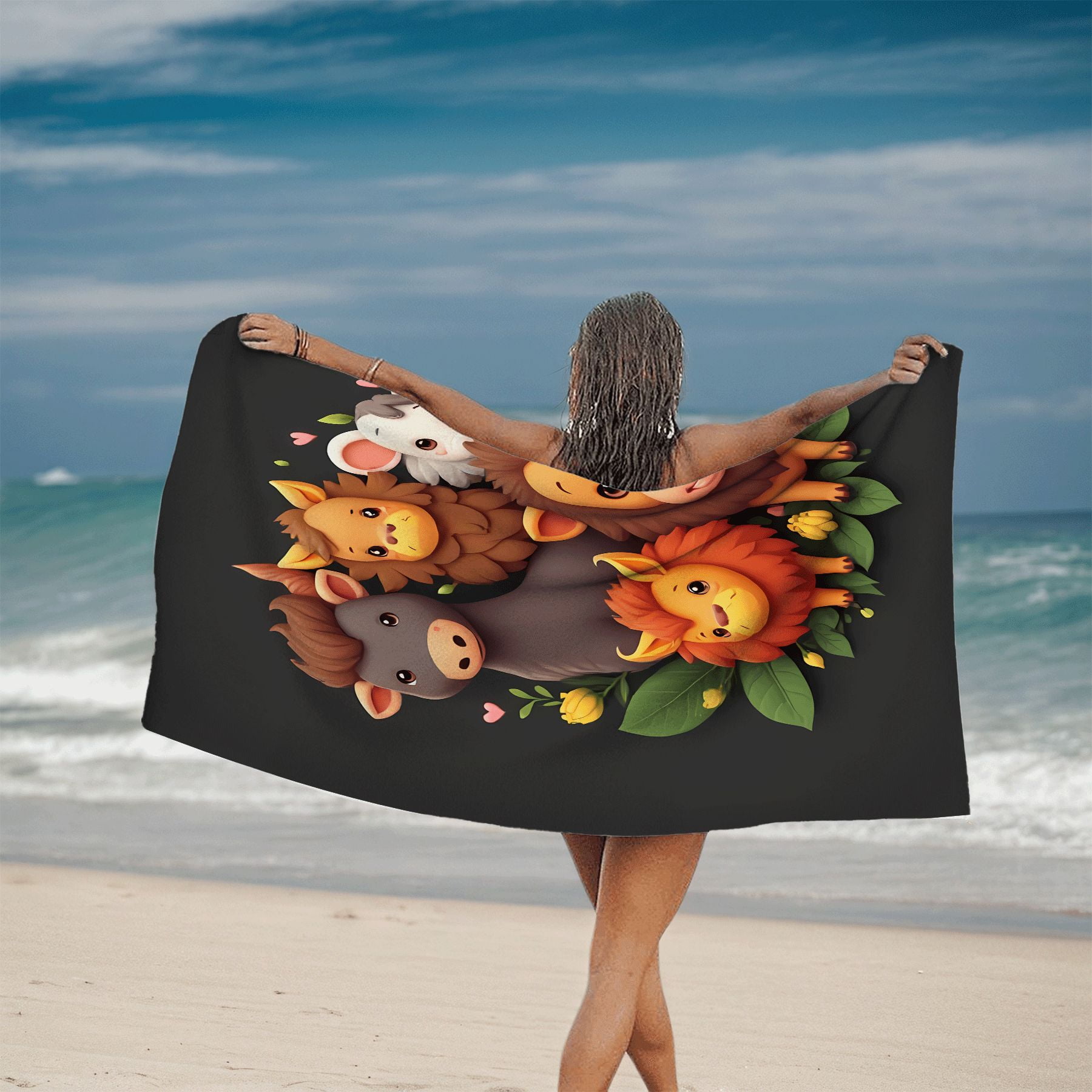 Adorable Cartoon Animals Beach Towel - Horse Camel Sheep Lion & Monkey ...