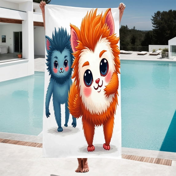 Adorable Cartoon Animals Beach Towel - Orange Fluffy Blue Spiky Perfect ...