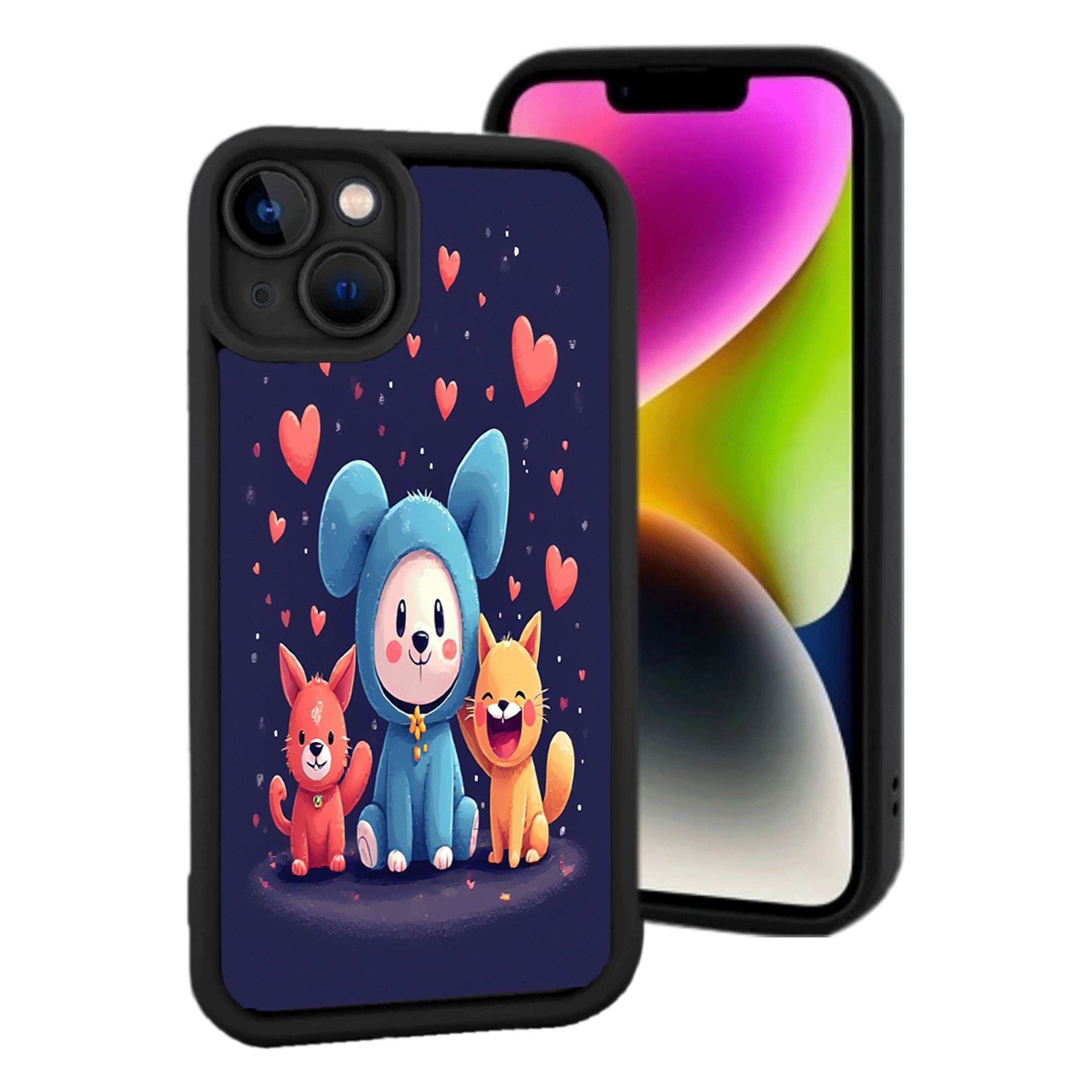 Adorable Cartoon Animals Phone Case for iPhone 15 - Blue Rabbit Red Fox ...