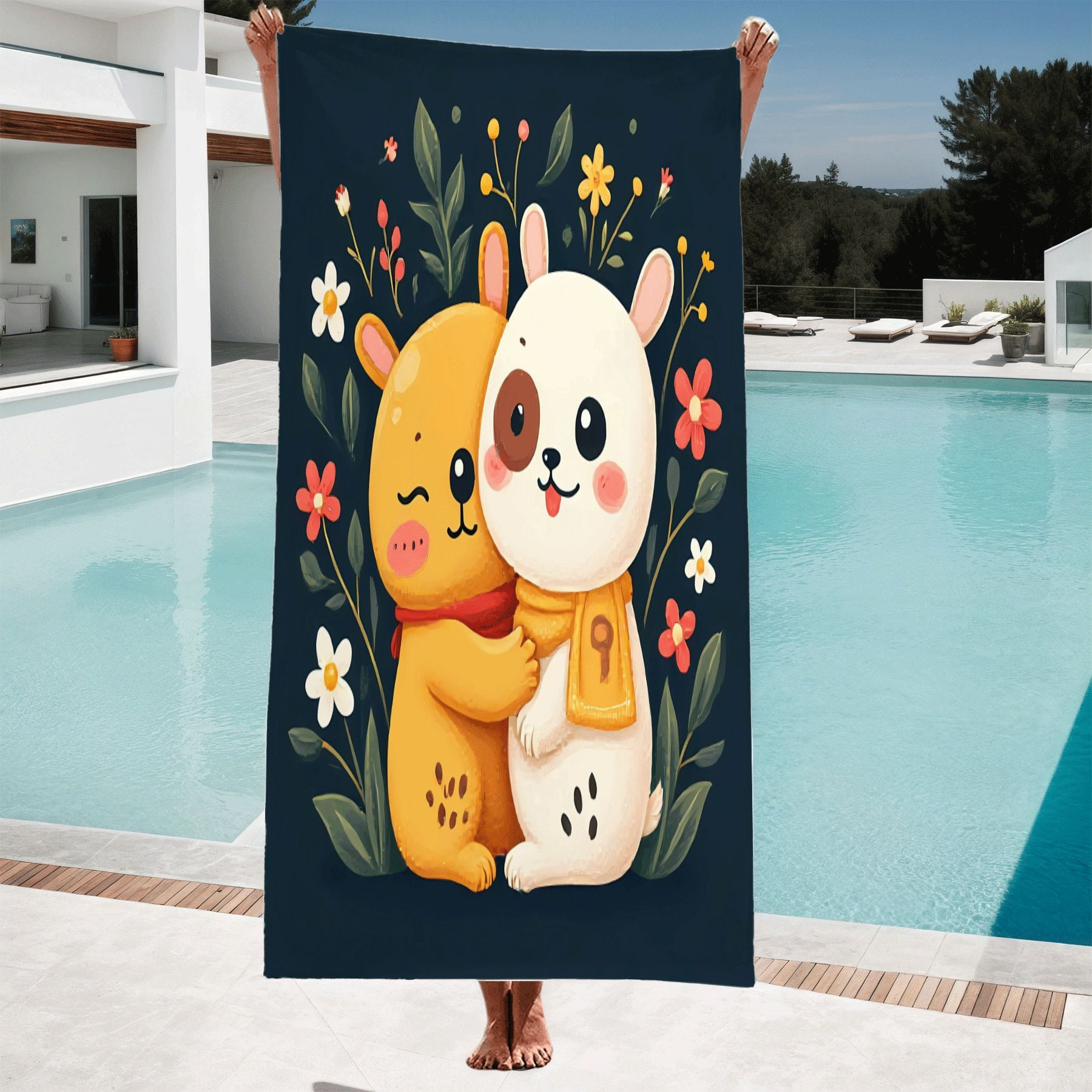 Adorable Cartoon Bear & Rabbit Embrace Beach Towel - Vibrant Floral ...