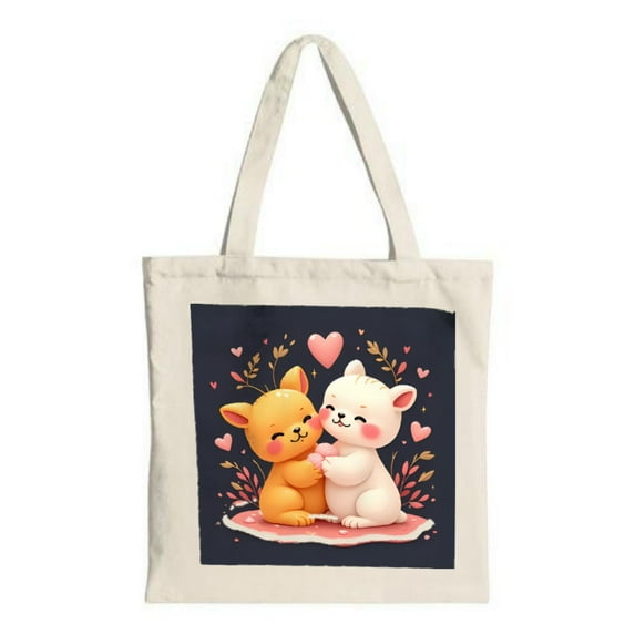 Adorable Cartoon Bear & Rabbit Tote Bag - Cute Heart & Leaf Design ...