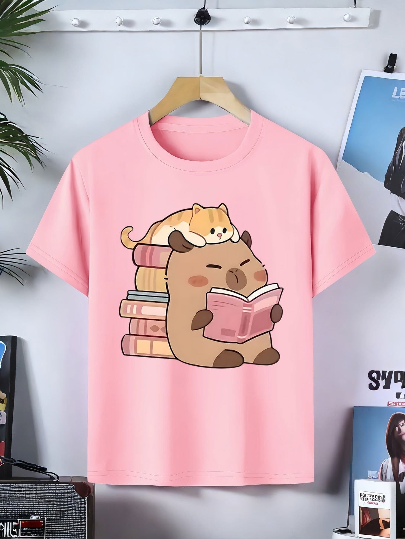 Adorable Cartoon Cat & Capybara Graphic Cotton T-Shirt for Girls - Soft ...