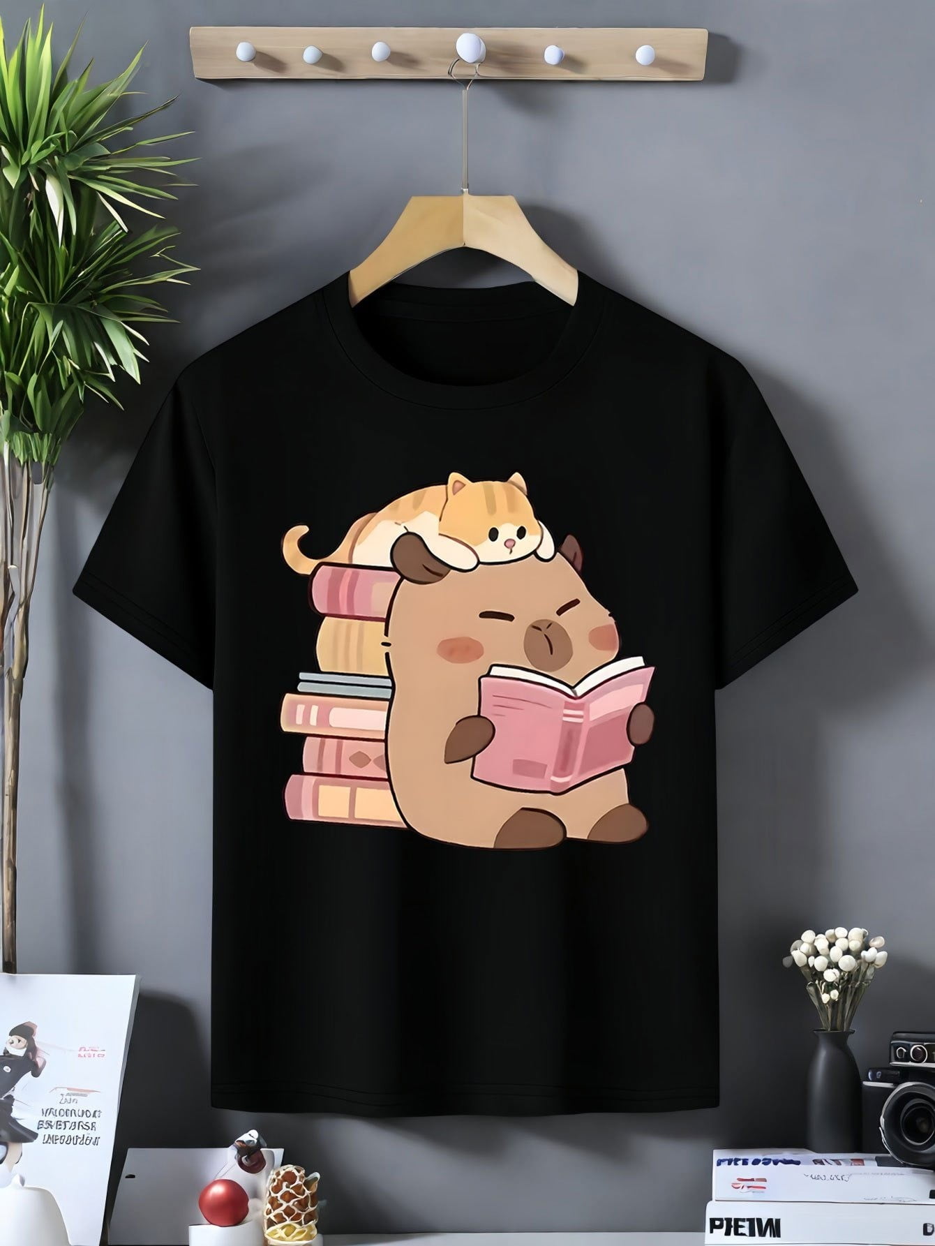 Adorable Cartoon Cat & Capybara Graphic Cotton T-Shirt for Girls - Soft ...