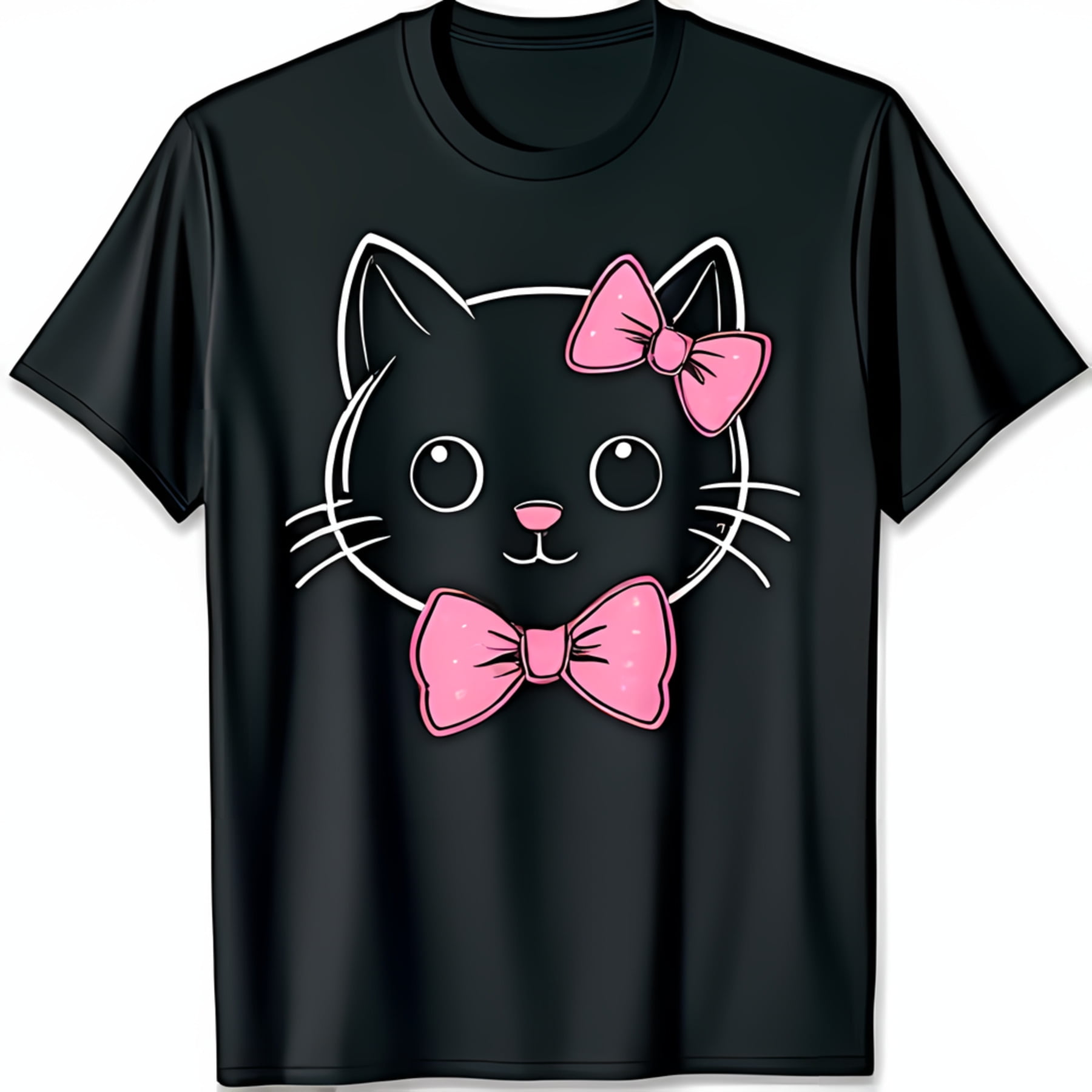 Adorable Cartoon Cat Graphic Black T-Shirt with Pink Bows for Cat ...