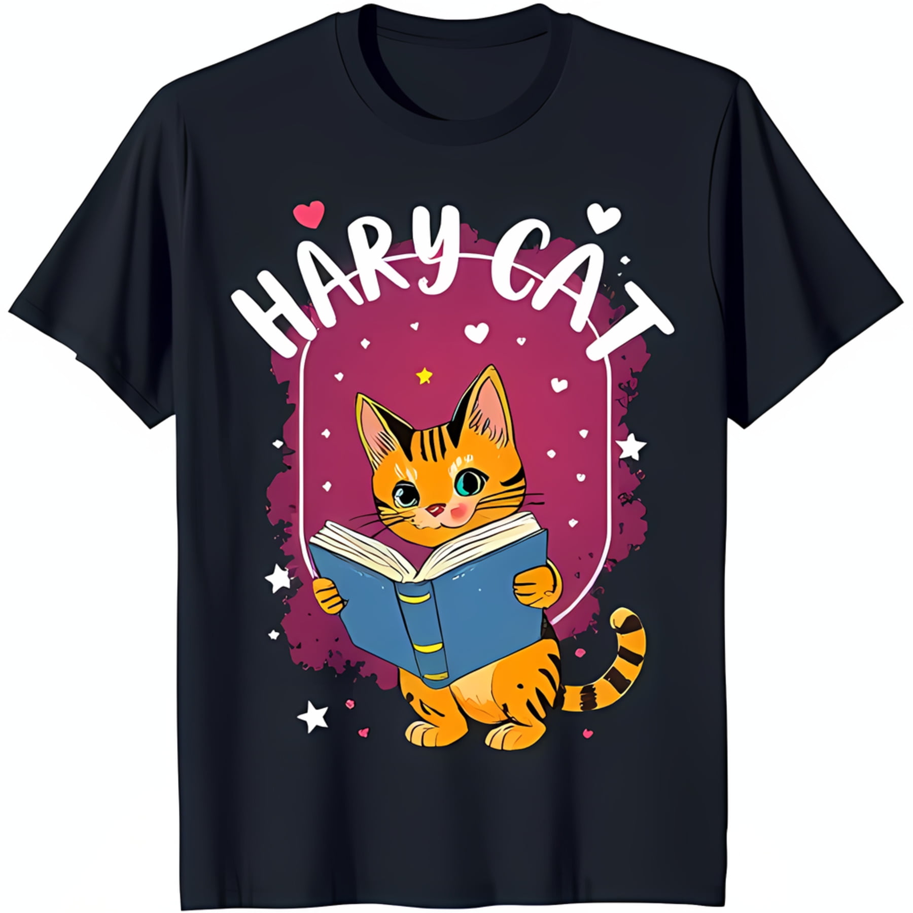 Adorable Cartoon Cat Reading Book Graphic on Dark Blue T-Shirt HARY CAT ...