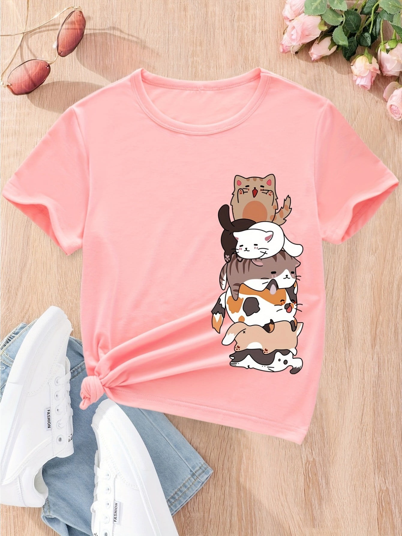 Adorable Cartoon Cat Stack Graphic Tee for Girls - Soft Cotton, Crew ...