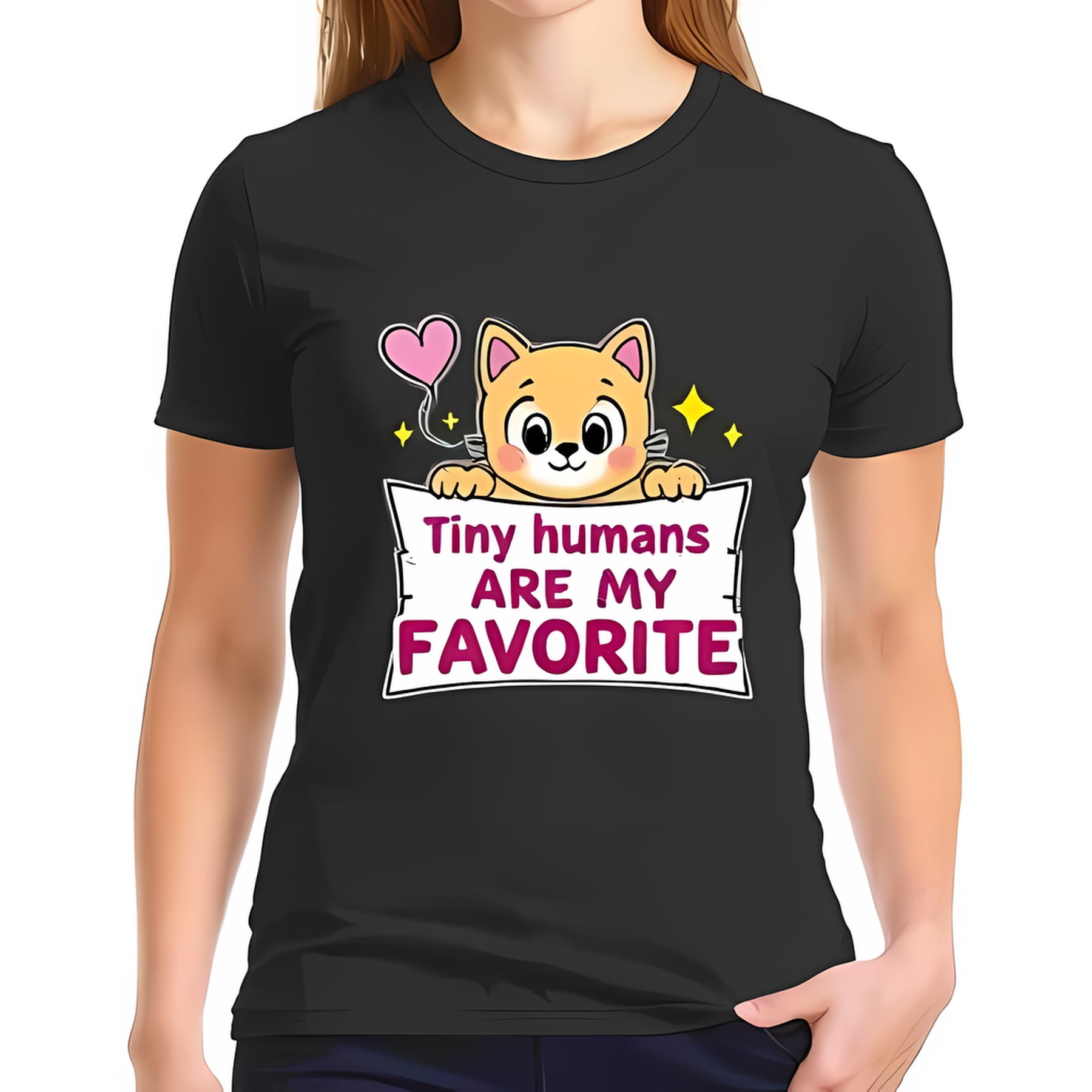 Adorable Cartoon Cat T-Shirt - "Tiny Humans Are My Favorite" - Light ...