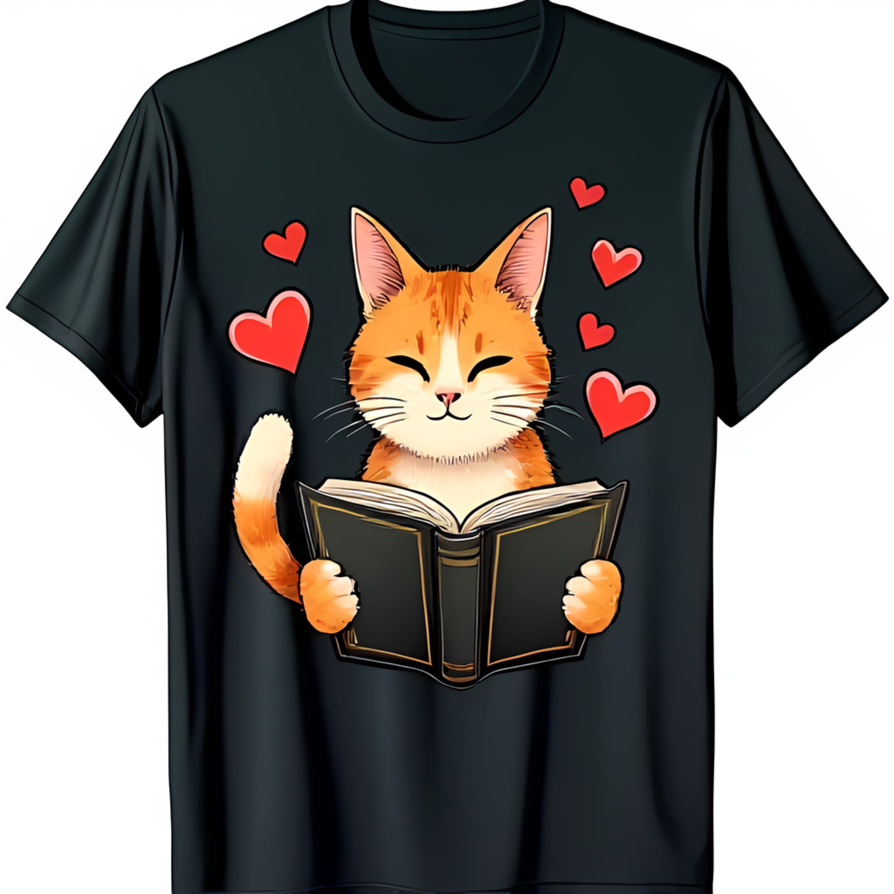 Adorable Cartoon Cat T-Shirt & White Cat Reading on a Book with Hearts ...