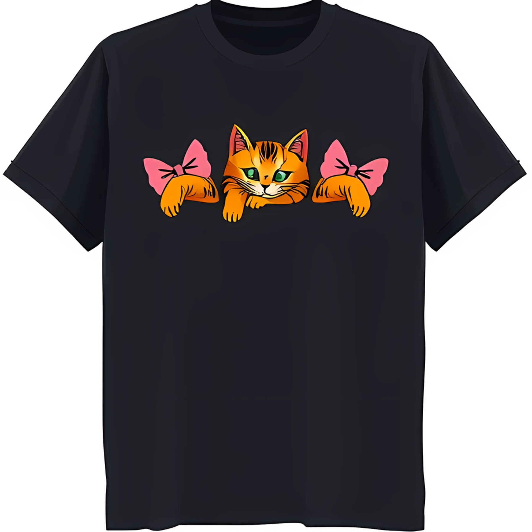Adorable Cartoon Cat T-Shirt with Pink Bows on Black Background for Cat ...