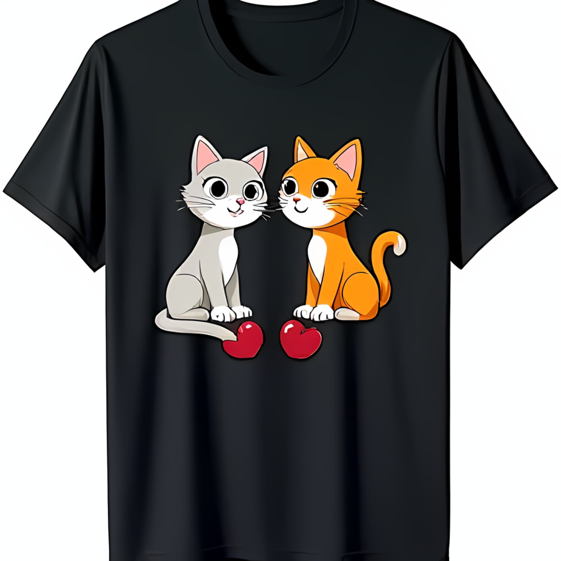 Adorable Cartoon Cats Graphic on Black T-Shirt Love & Friendship Design ...