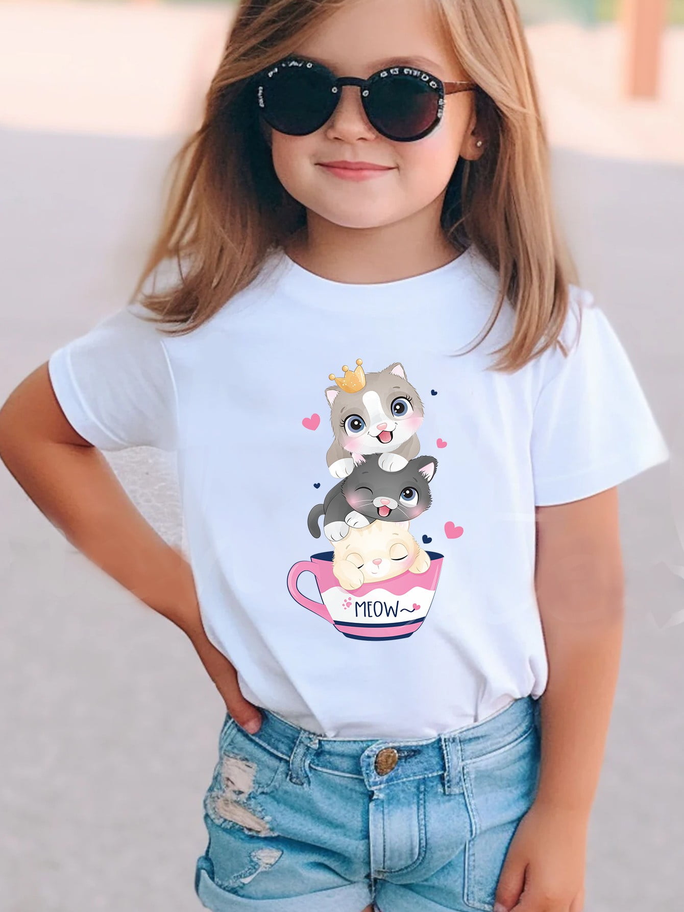 Adorable Cartoon Cats Print Girls' T-Shirt - Comfy Cotton, Short Sleeve ...