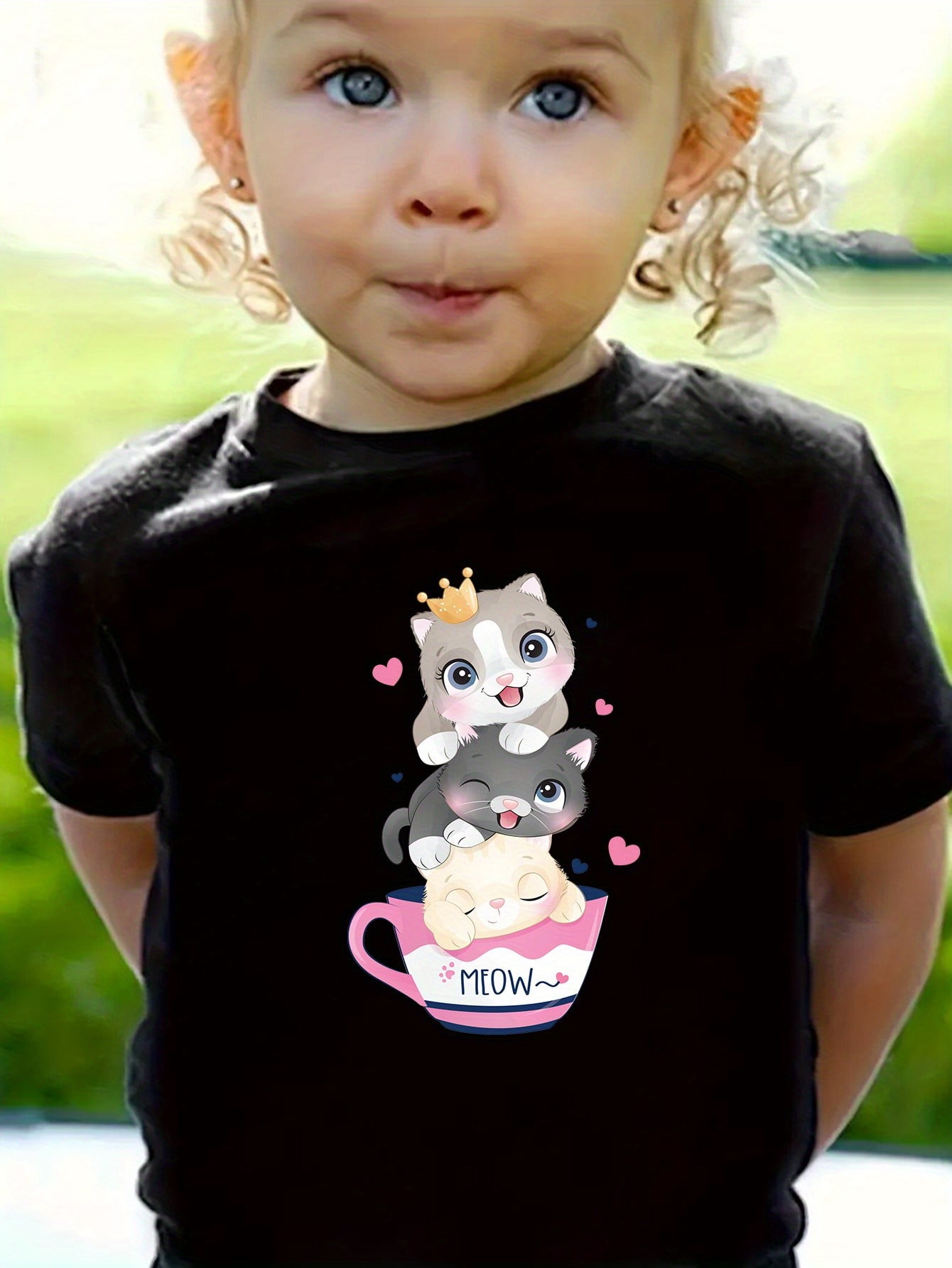 Adorable Cartoon Cats Print Girls' T-Shirt - Comfy Cotton, Short Sleeve ...