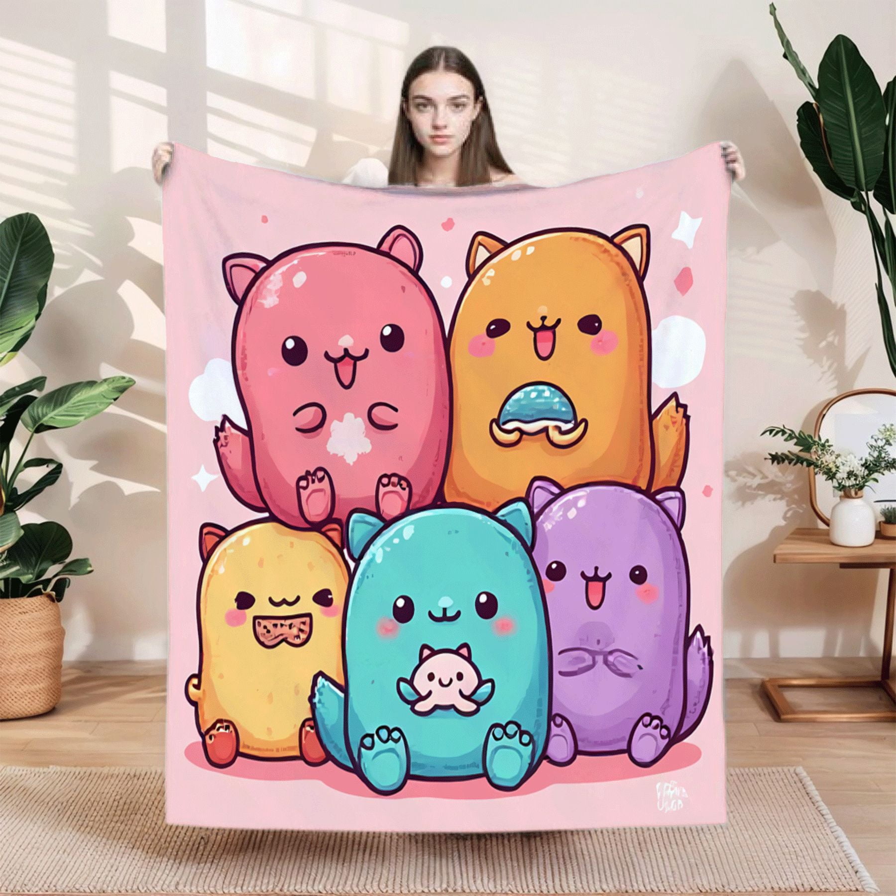 Adorable Cartoon Creatures Flannel Blanket - Soft Cozy Durable Design ...