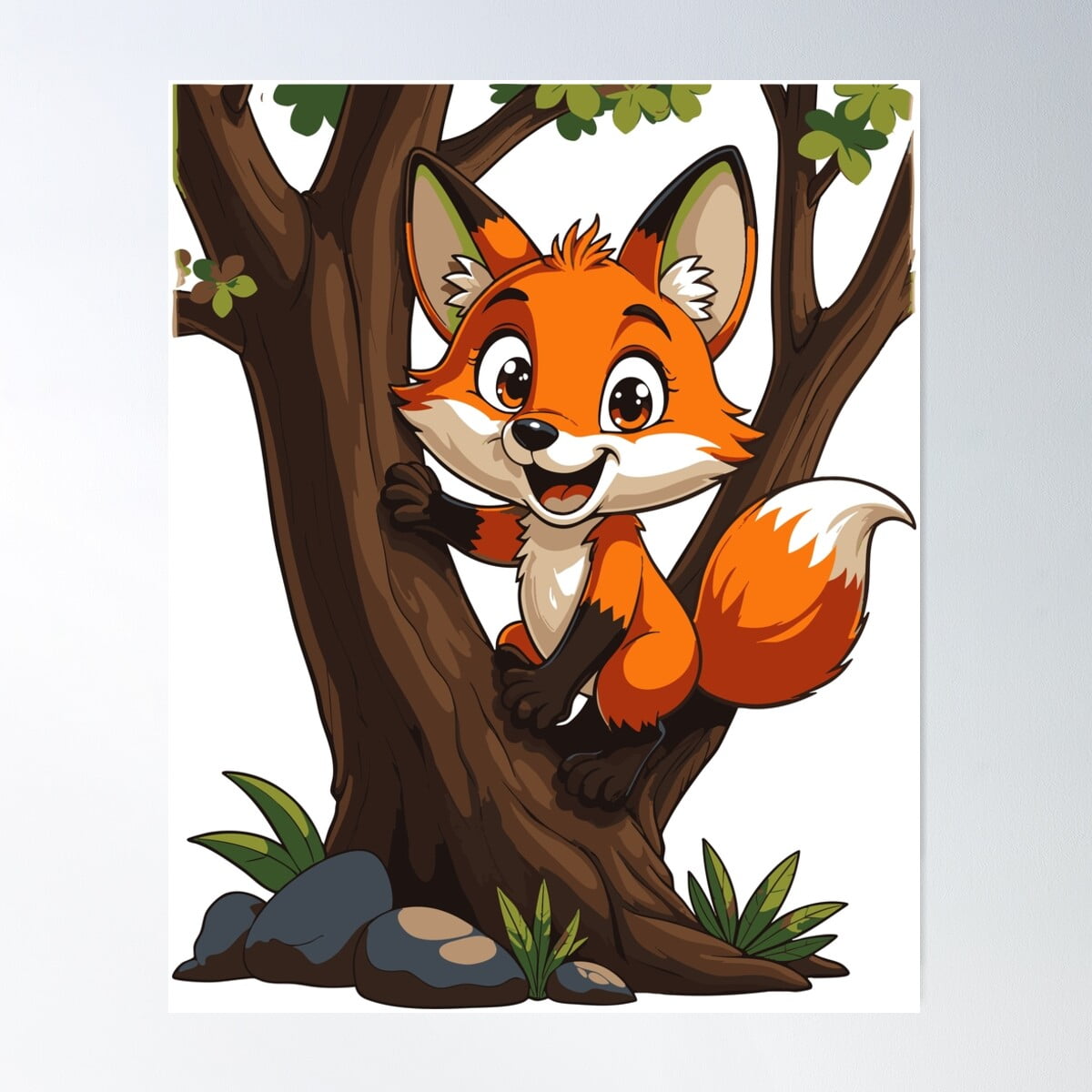 Adorable Cartoon Fox Climbing A Tree Poster Wall Art, Modern Wall Decor ...