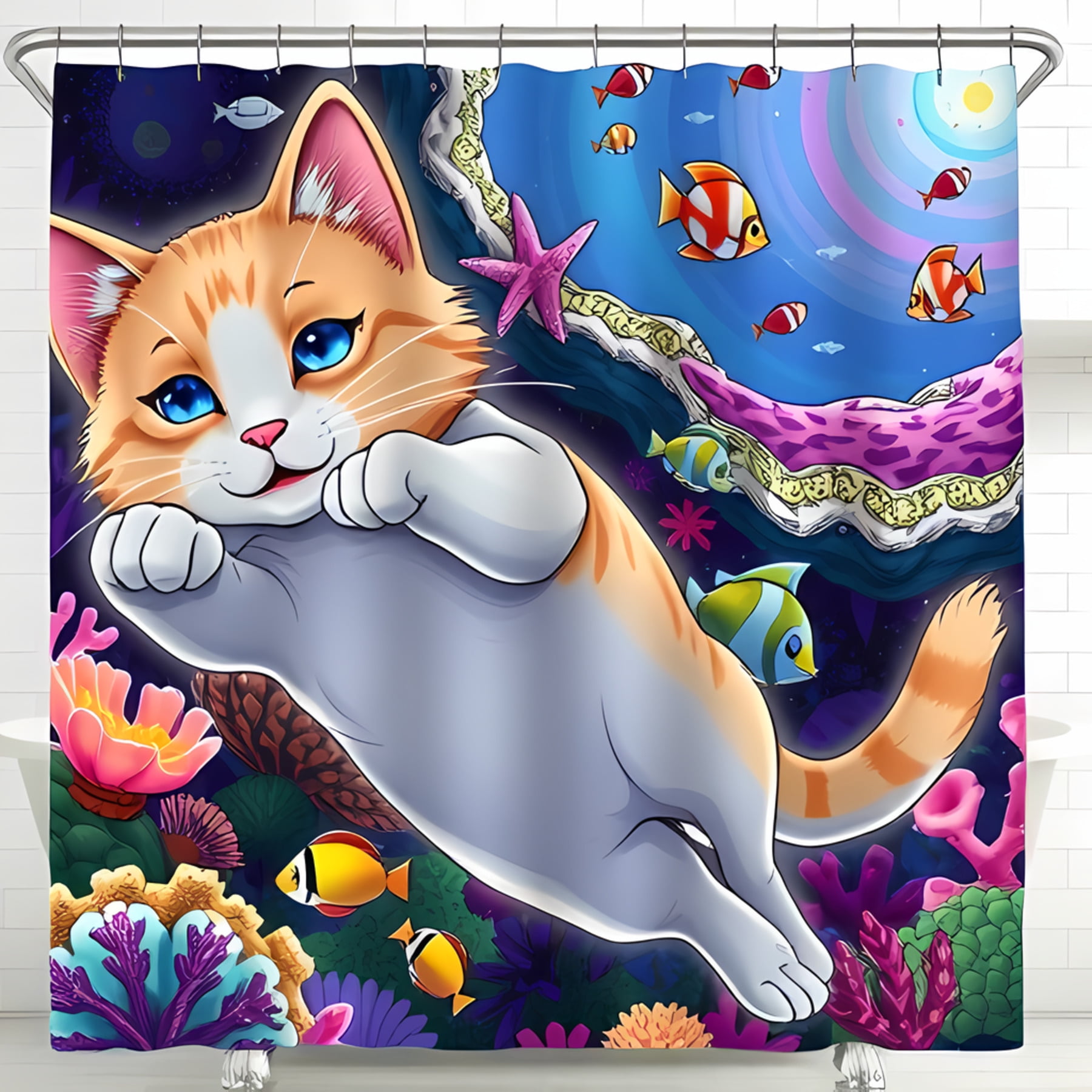 Adorable Cartoon Ginger Cat Shower Curtain Playful Underwater Adventure ...