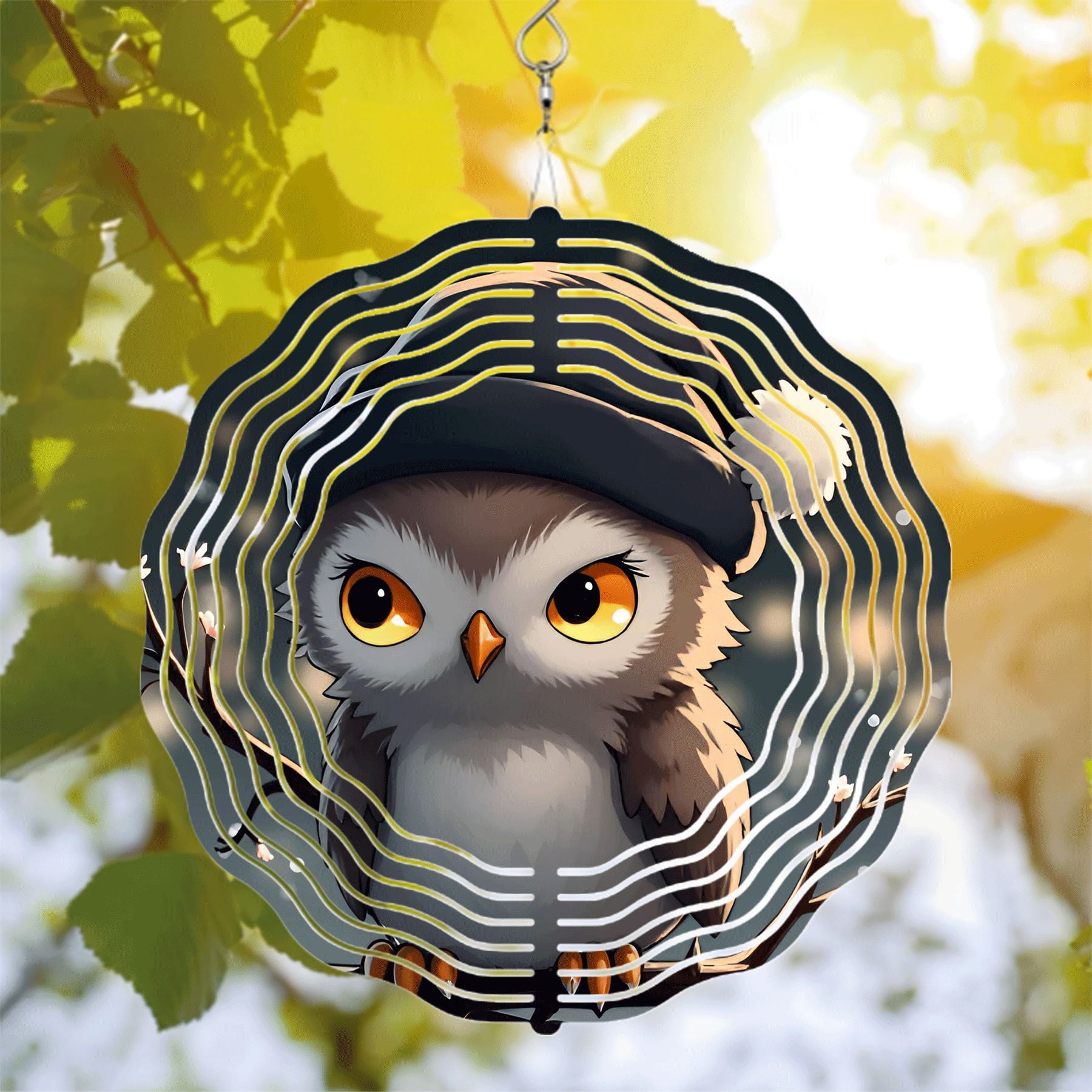 Adorable Cartoon Owl Metal Wind Spinner with Sound Wave Design ...