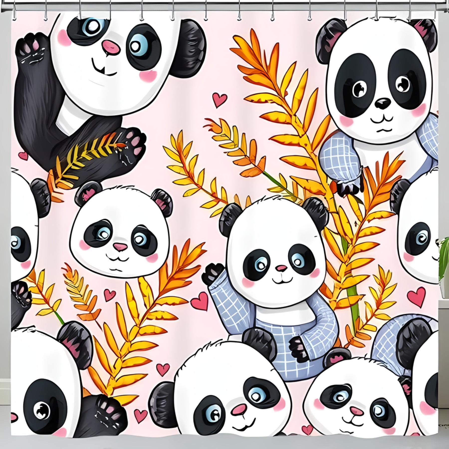 Adorable Cartoon Panda Shower Curtain with Playful Poses Golden-Yellow ...