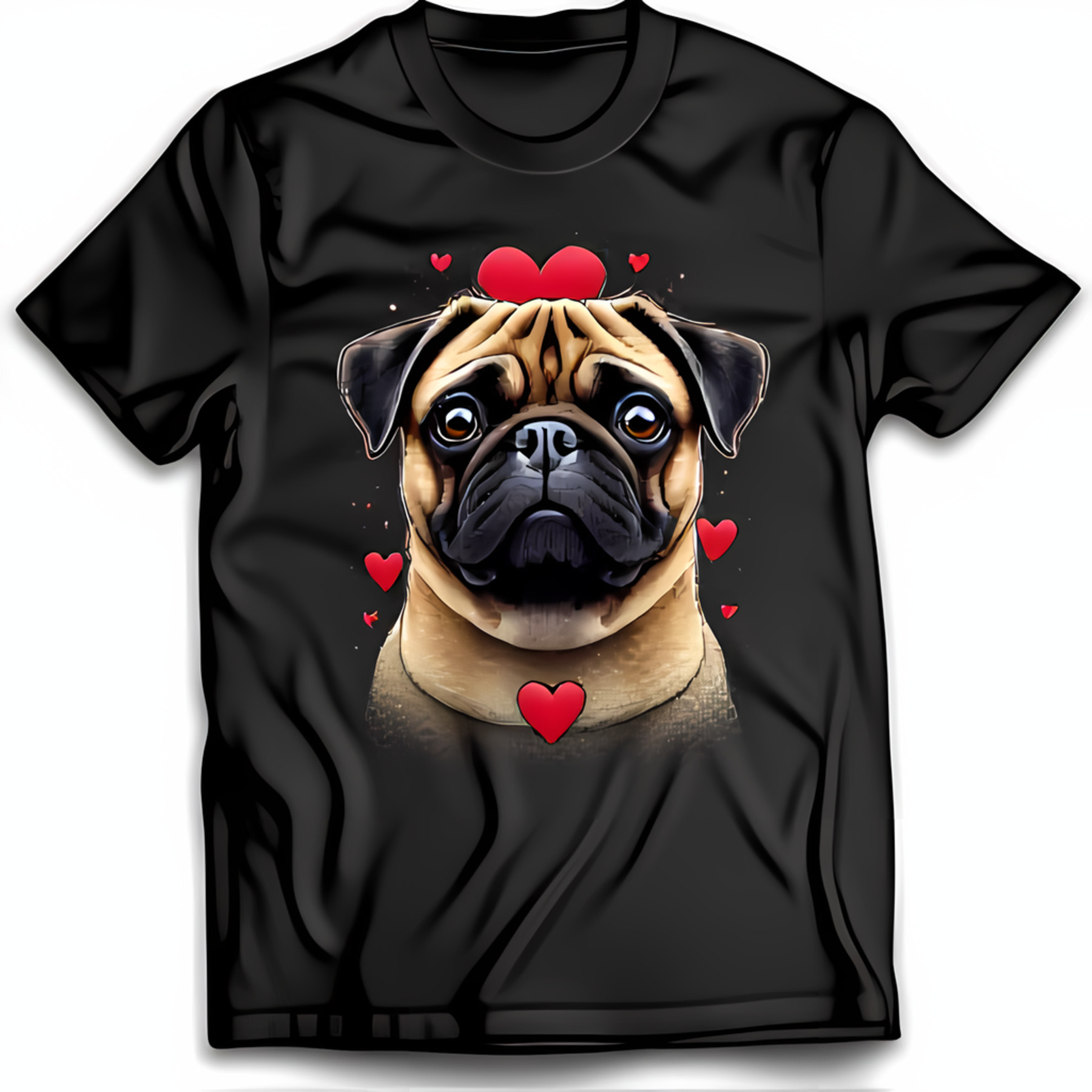 Adorable Cartoon Pug T-Shirt with Red Hearts & Heart Collar Cute Black ...
