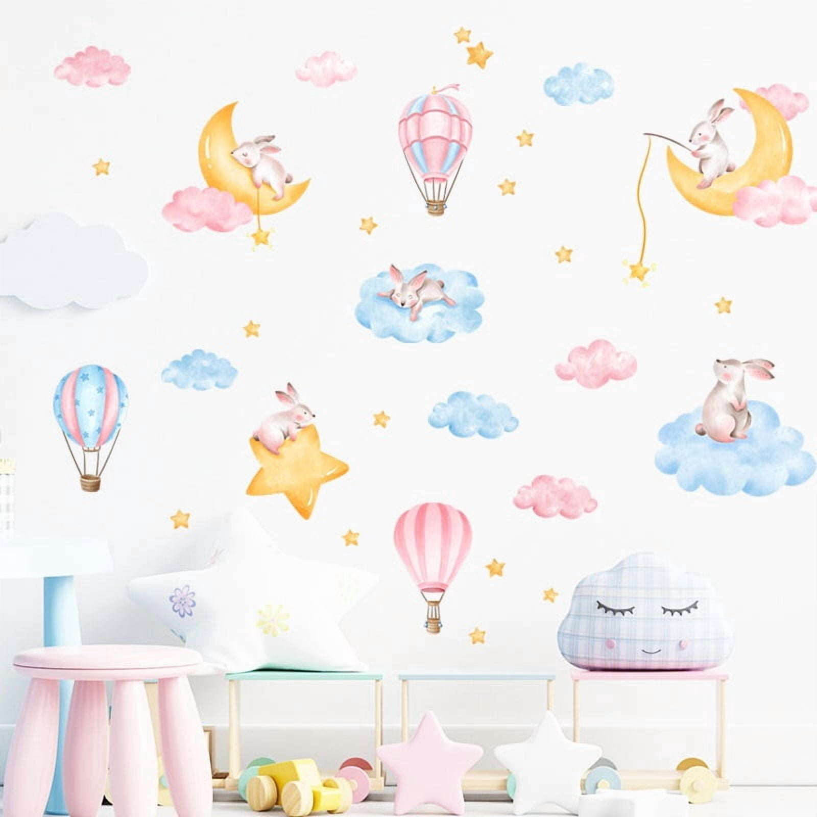 Adorable Cartoon Rabbit Wall Stickers with Stars, Moon, Clouds & Hot ...