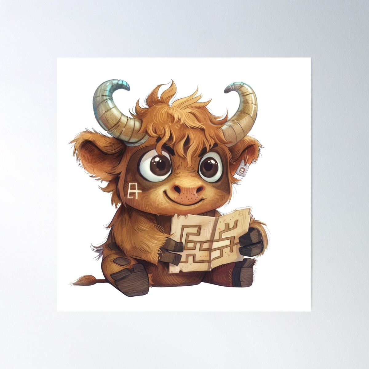 Adorable Cartoon Yak Reading A Map With Big Eyes And Curly Fur Poster ...