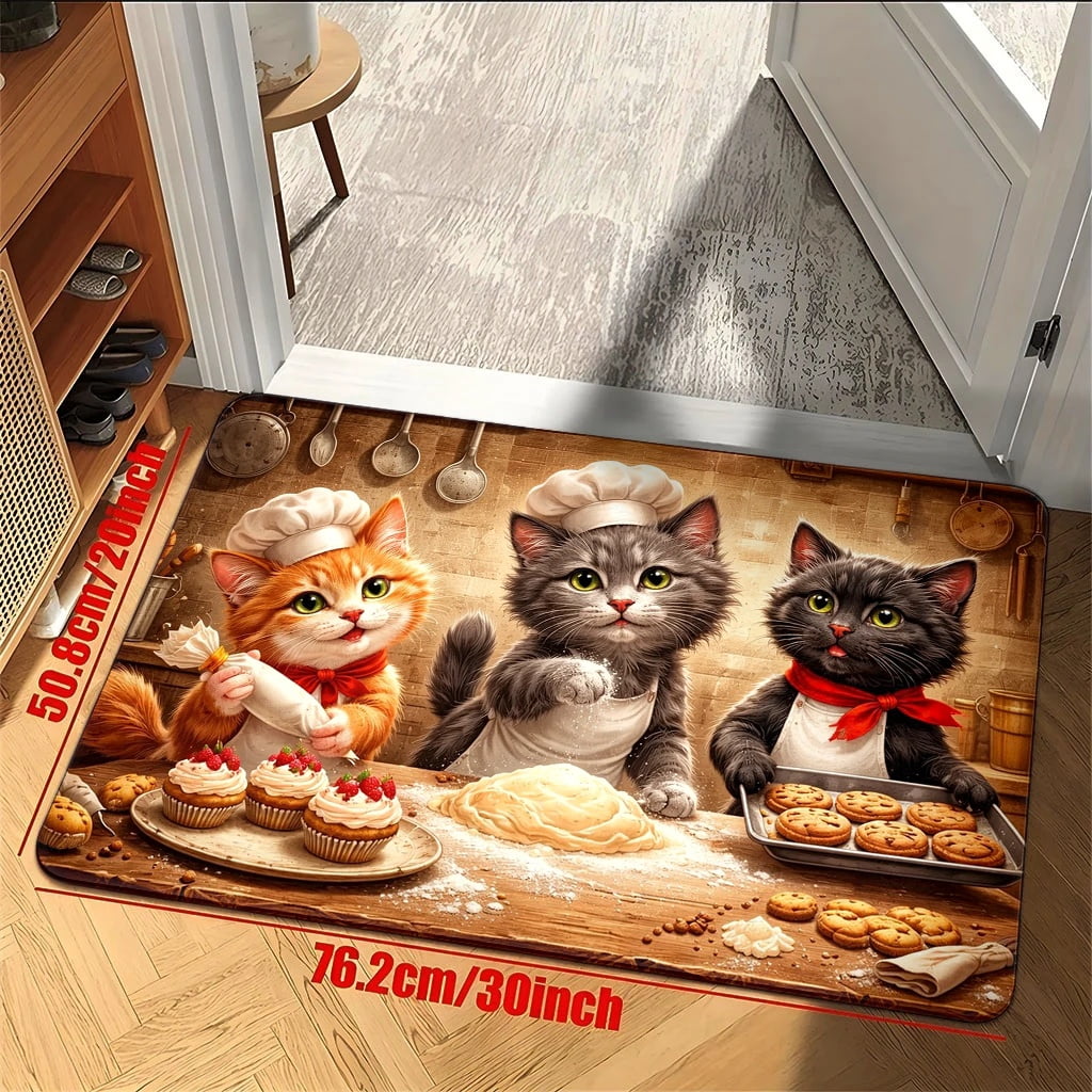 Adorable Cat Baking Printed Kitchen Mat, Non - Slip Wear - Resistant ...