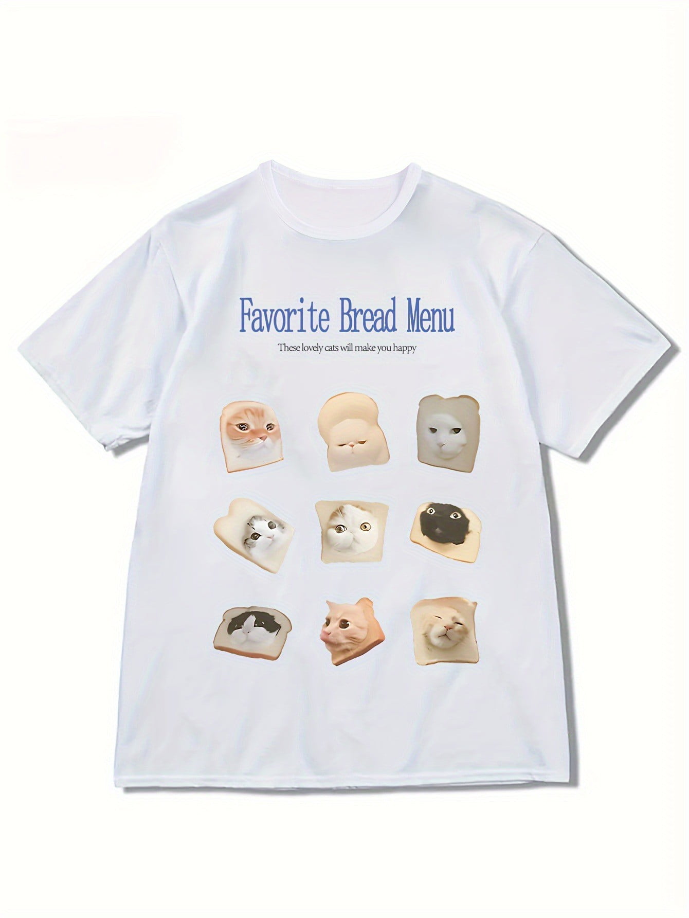 Adorable Cat & Bread Cartoon Print T-Shirt for Women - Casual Crew Neck ...
