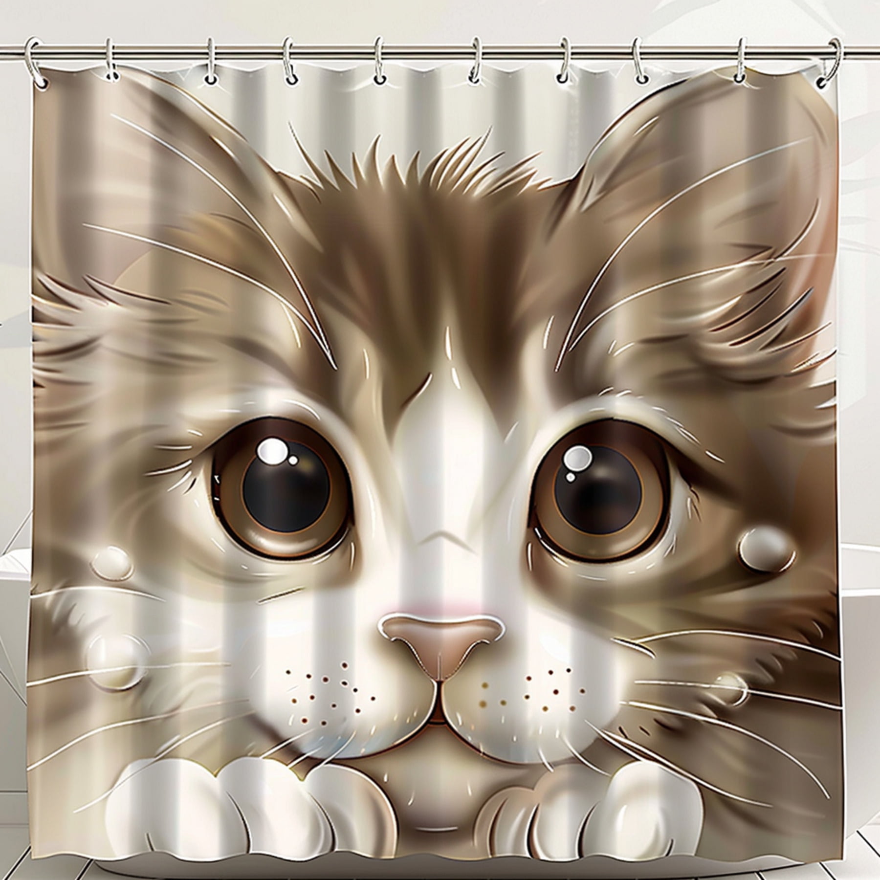 Adorable Cat Cartoon Bathroom Curtain Effect Brown Beige Color Scheme ...