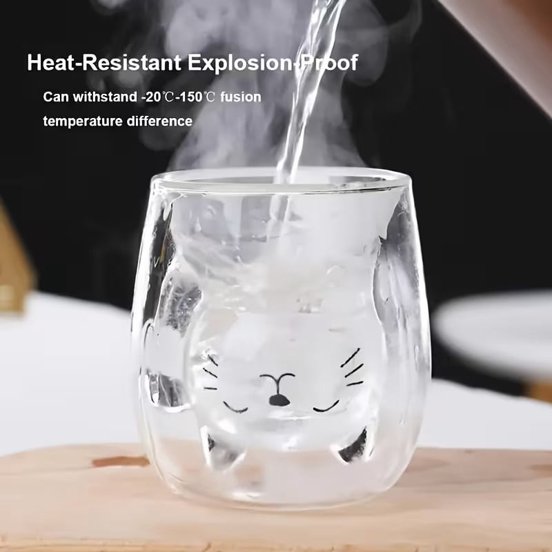 Adorable Cat Double-Walled Glass Coffee Mug - Reusable Oval Drinkware ...
