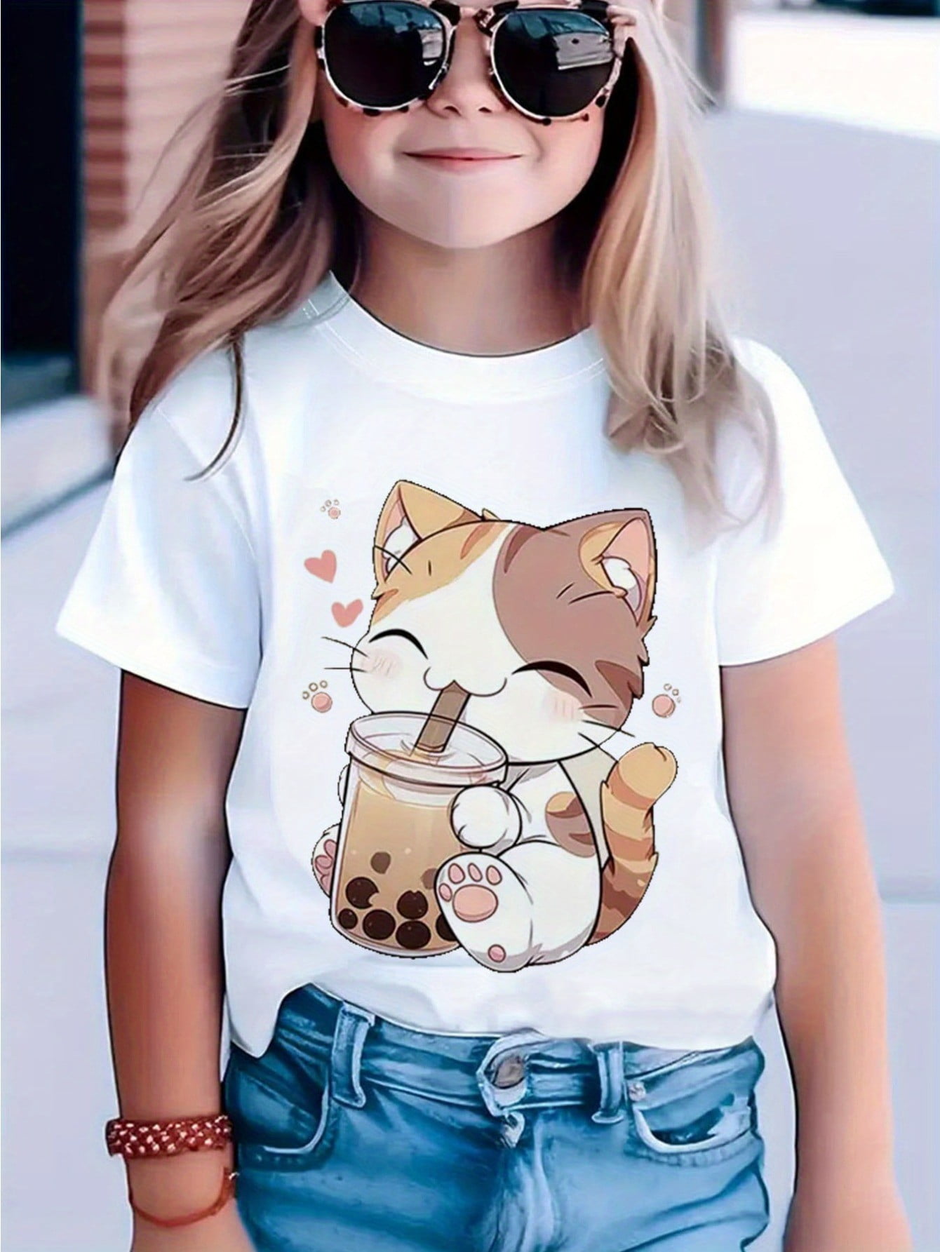 Adorable Cat Drinking Boba Tea Graphic Short-Sleeve T-Shirt - Cute ...