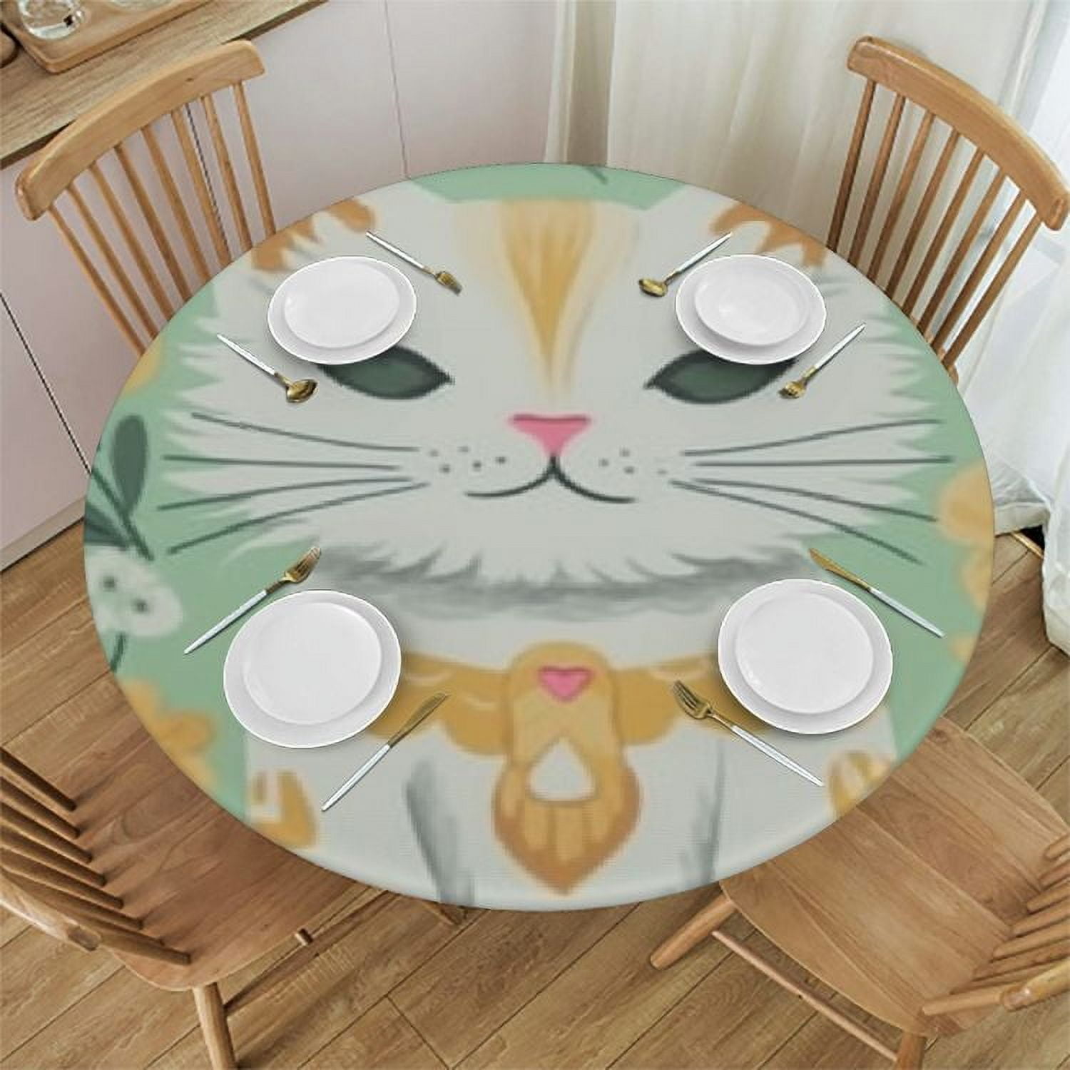 Adorable Cat Flower Round Fitted Tablecloth, Green Round Table Cloth ...