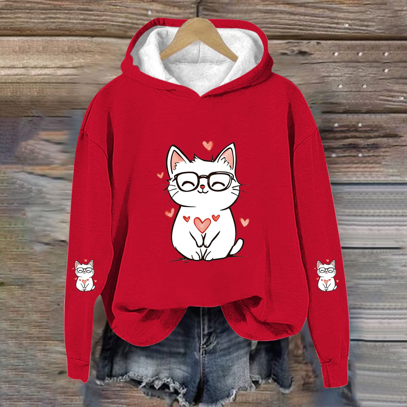 Adorable Cat with Heart Print Girls Red Cropped Hoodie - Fleece Lined ...